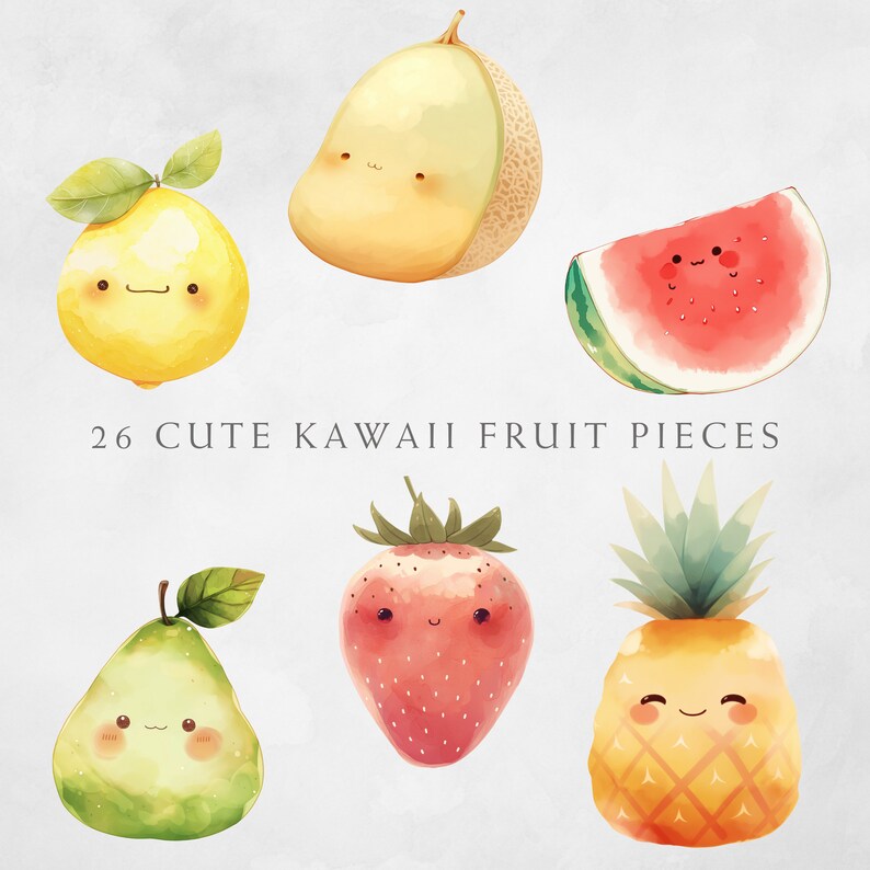 Cute Kawaii Fruits Clipart PNG Watercolor, Kawaii Tropical Fruit Apple ...