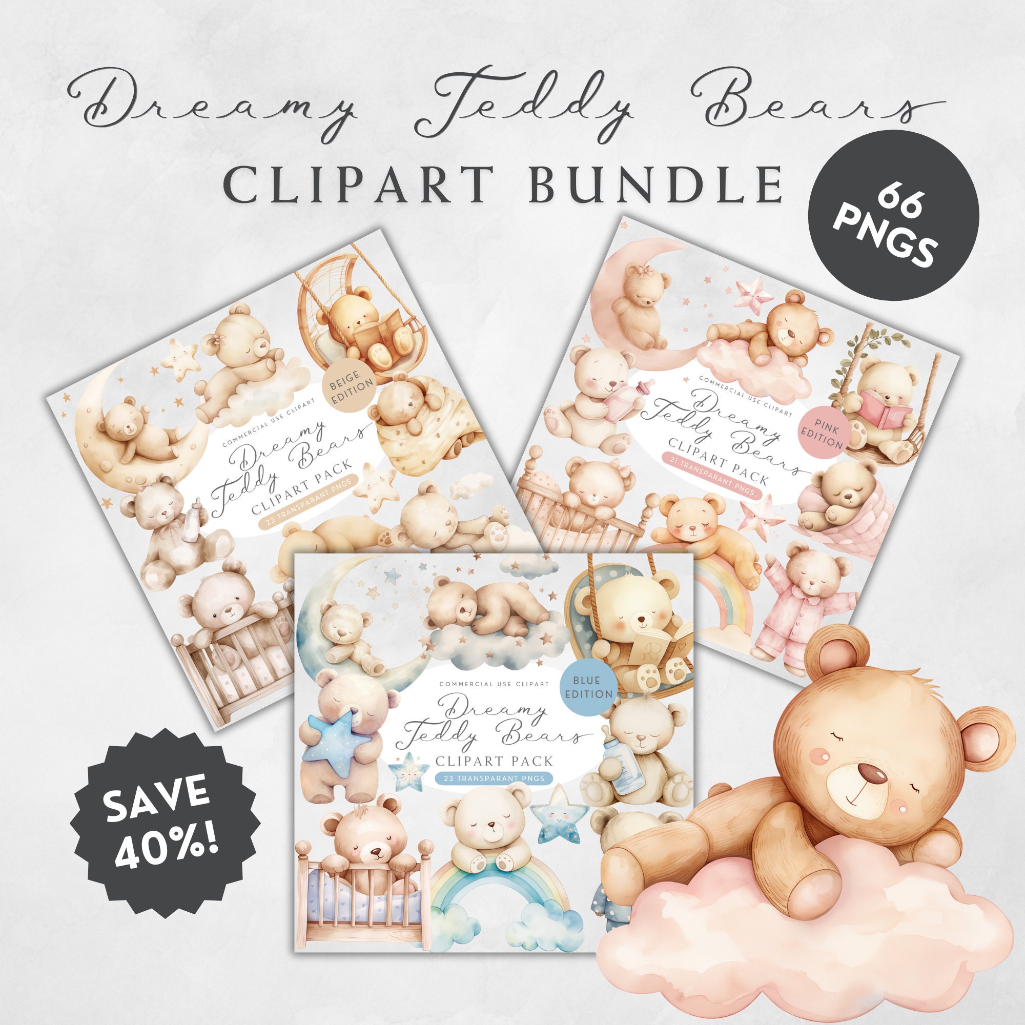 Sleeping Teddy Bear Clipart Bundle PNG Watercolor, Cute Baby Teddy Bear ...