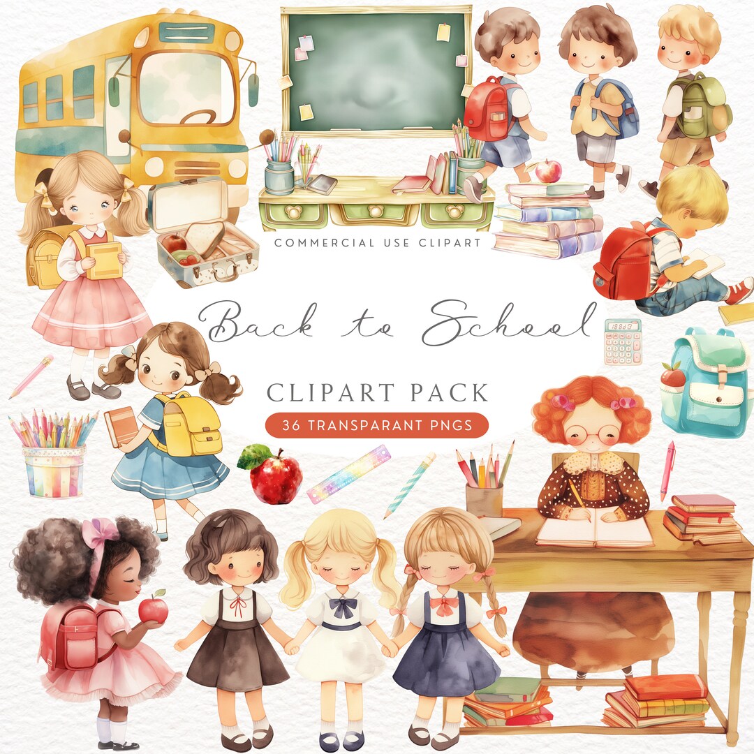 Back to School Clipart Watercolor PNG Bundle, Cute Preschool School ...