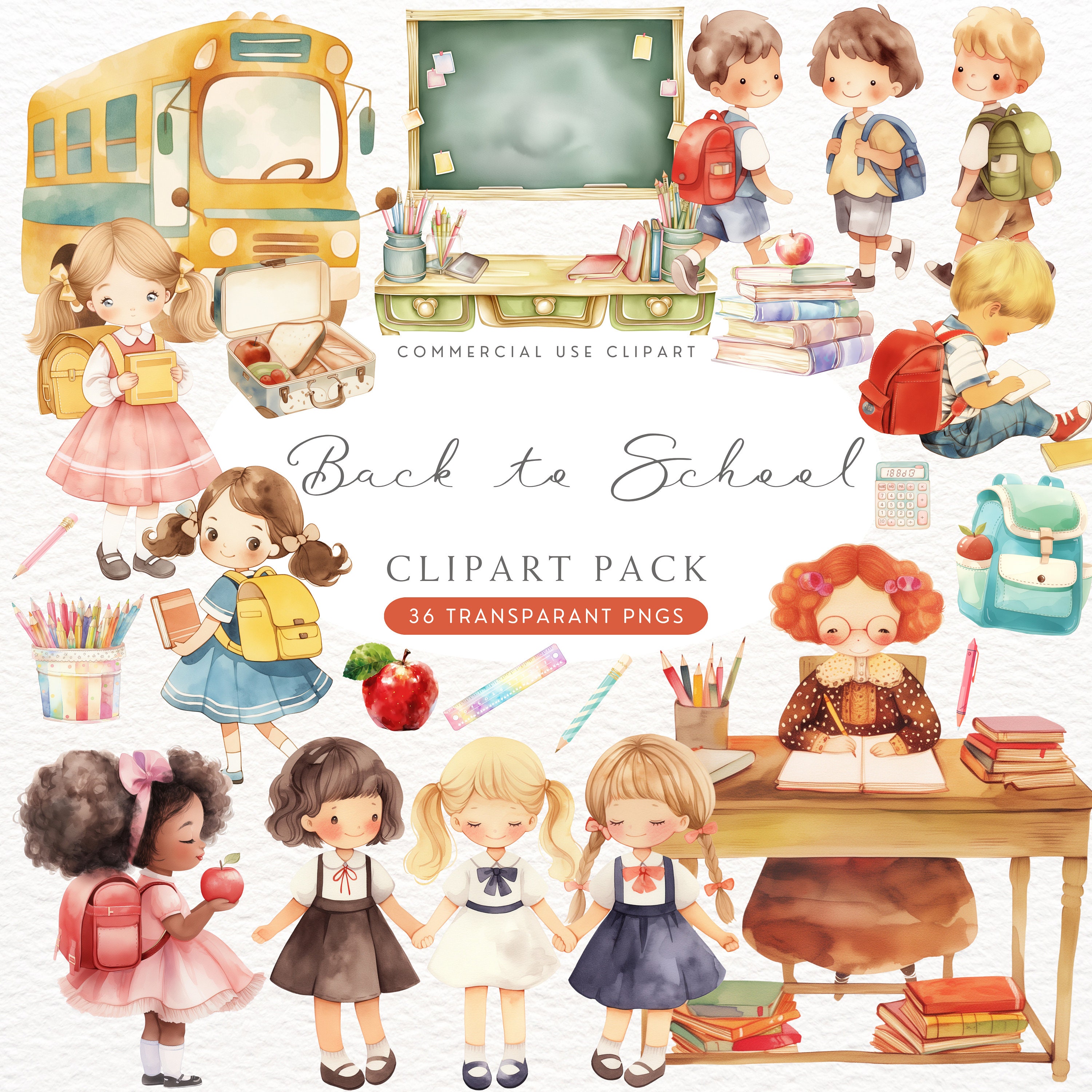 Back to School Clipart Watercolor PNG Bundle, Cute Preschool School ...