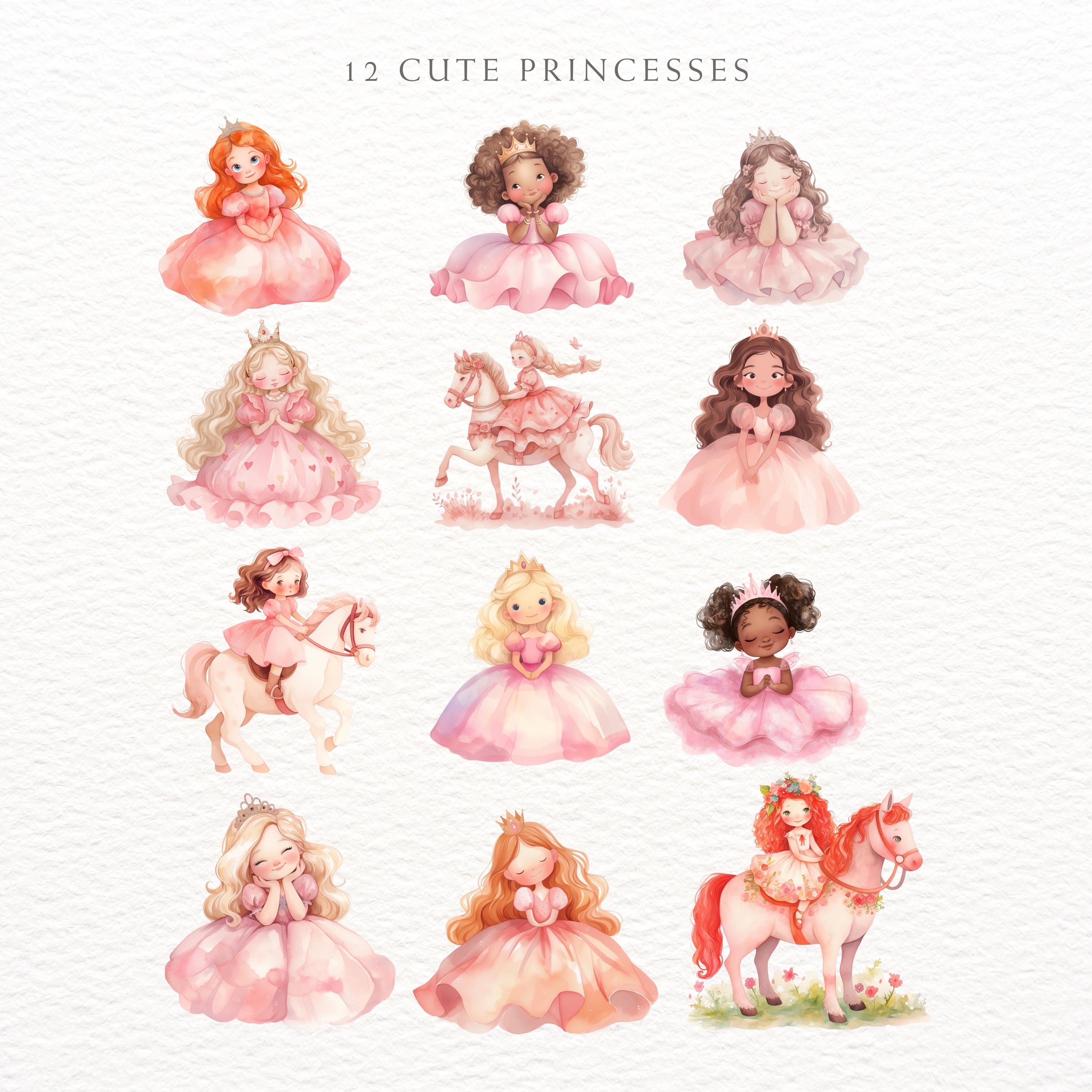 Pink Princess Clipart Bundle, Watercolor Cute Little Baby Princess PNG ...
