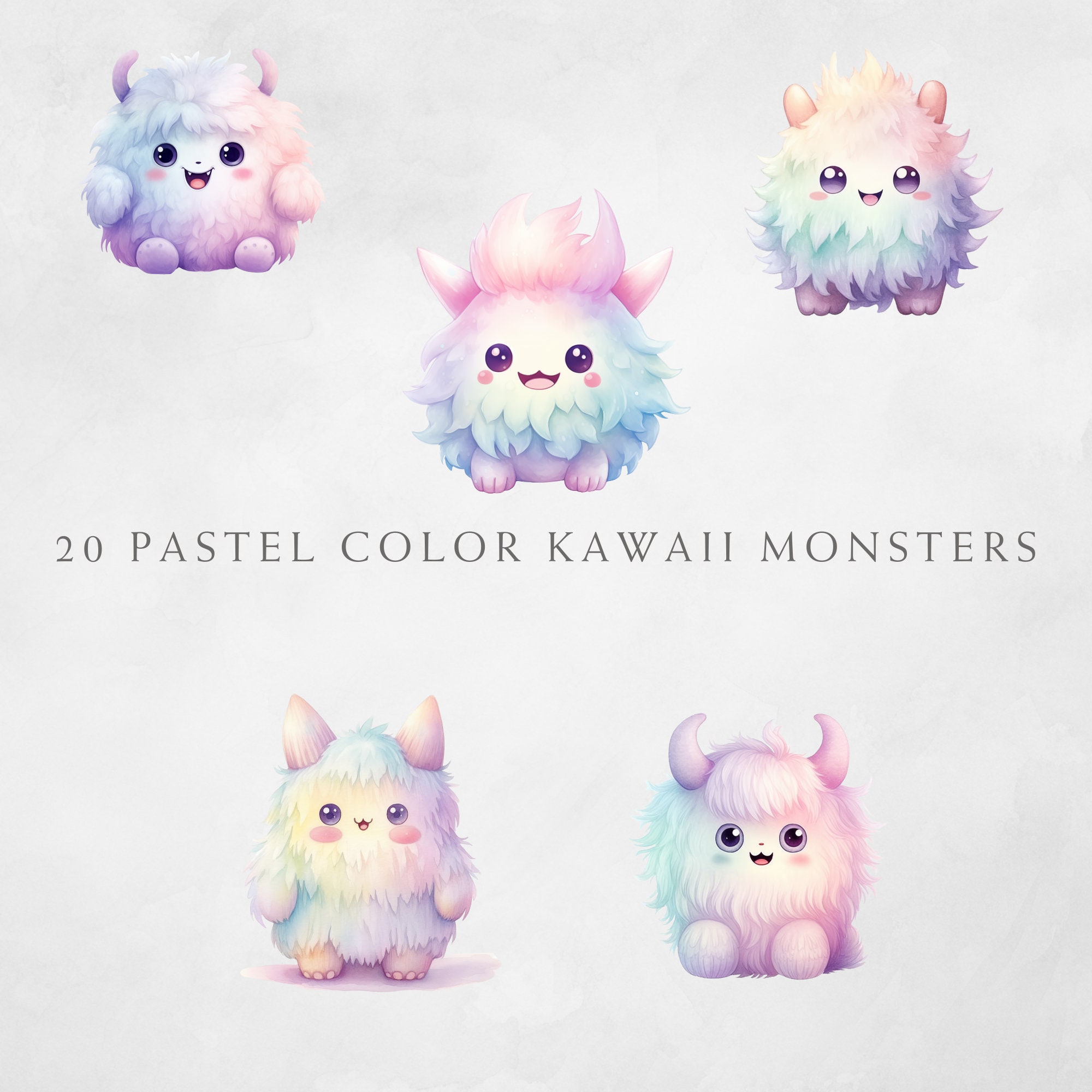 Watercolor Cute Pastel Monsters Kawaii Clipart, Cute Kawaii Clipart ...