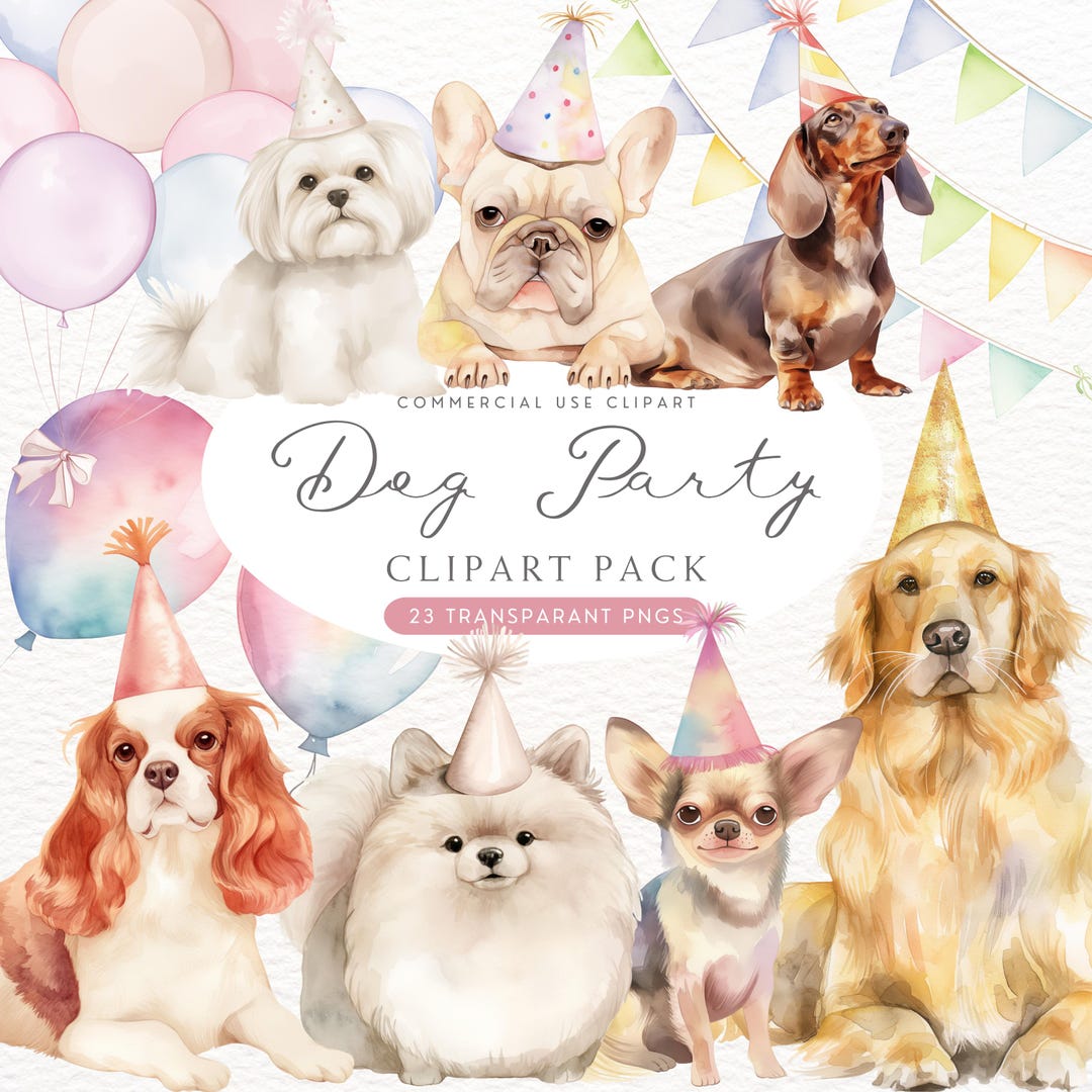 Dog Birthday Party Clipart PNG Bundle Watercolor, Cute Puppy Birthday ...