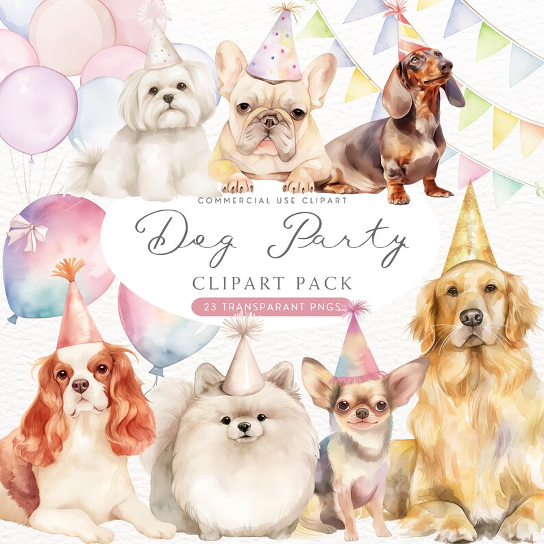 Dog Birthday Party Clipart PNG Bundle Watercolor, Cute Puppy Birthday ...