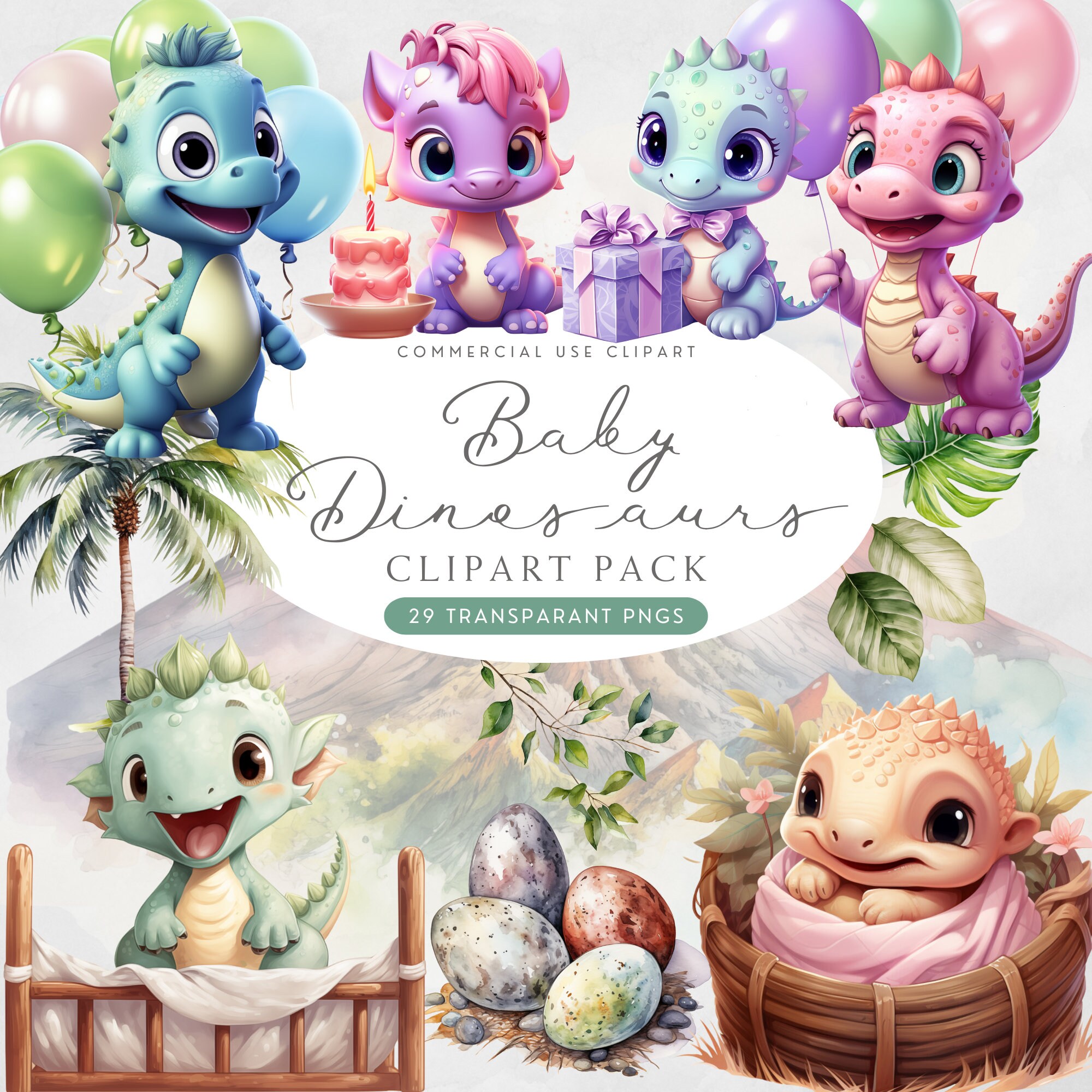 Baby Dinosaur Clipart Bundle PNG Watercolor, Cute Dino Dinosaur ...