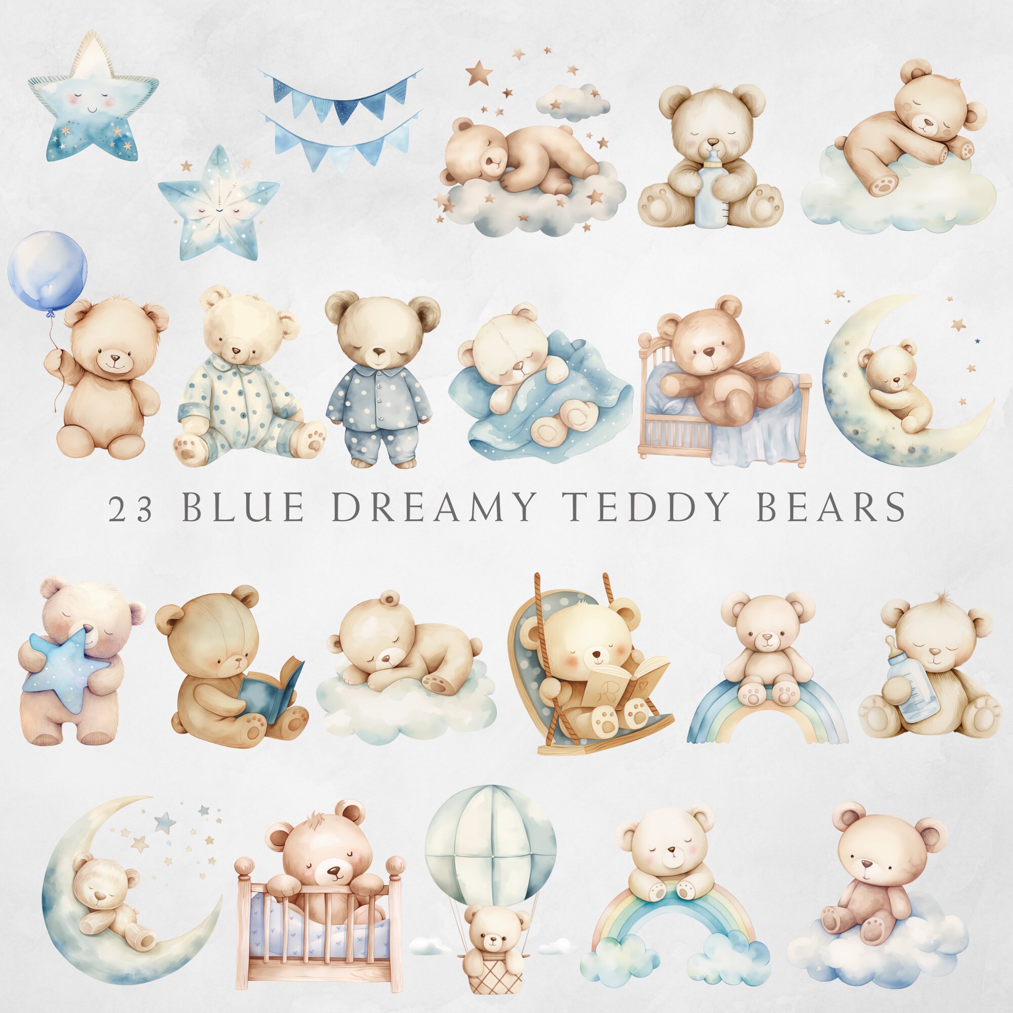 Sleeping Teddy Bear Clipart Bundle PNG Watercolor, Cute Baby Teddy Bear ...