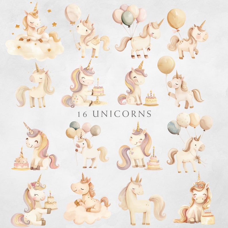 Cute Unicorn Birthday Party Clipart, Watercolor Unicorn Birthday PNG ...