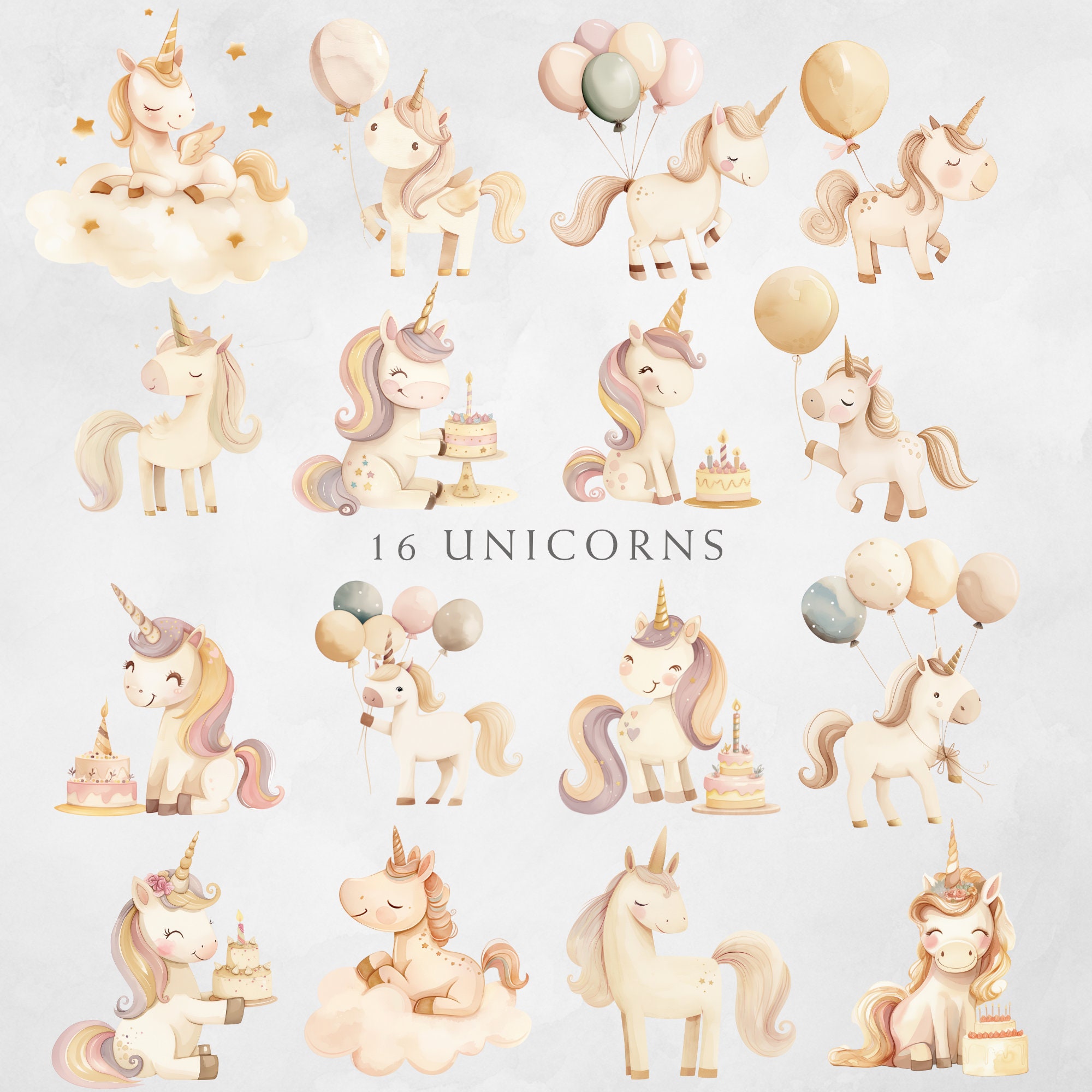 Cute Unicorn Birthday Party Clipart, Watercolor Unicorn Birthday PNG ...