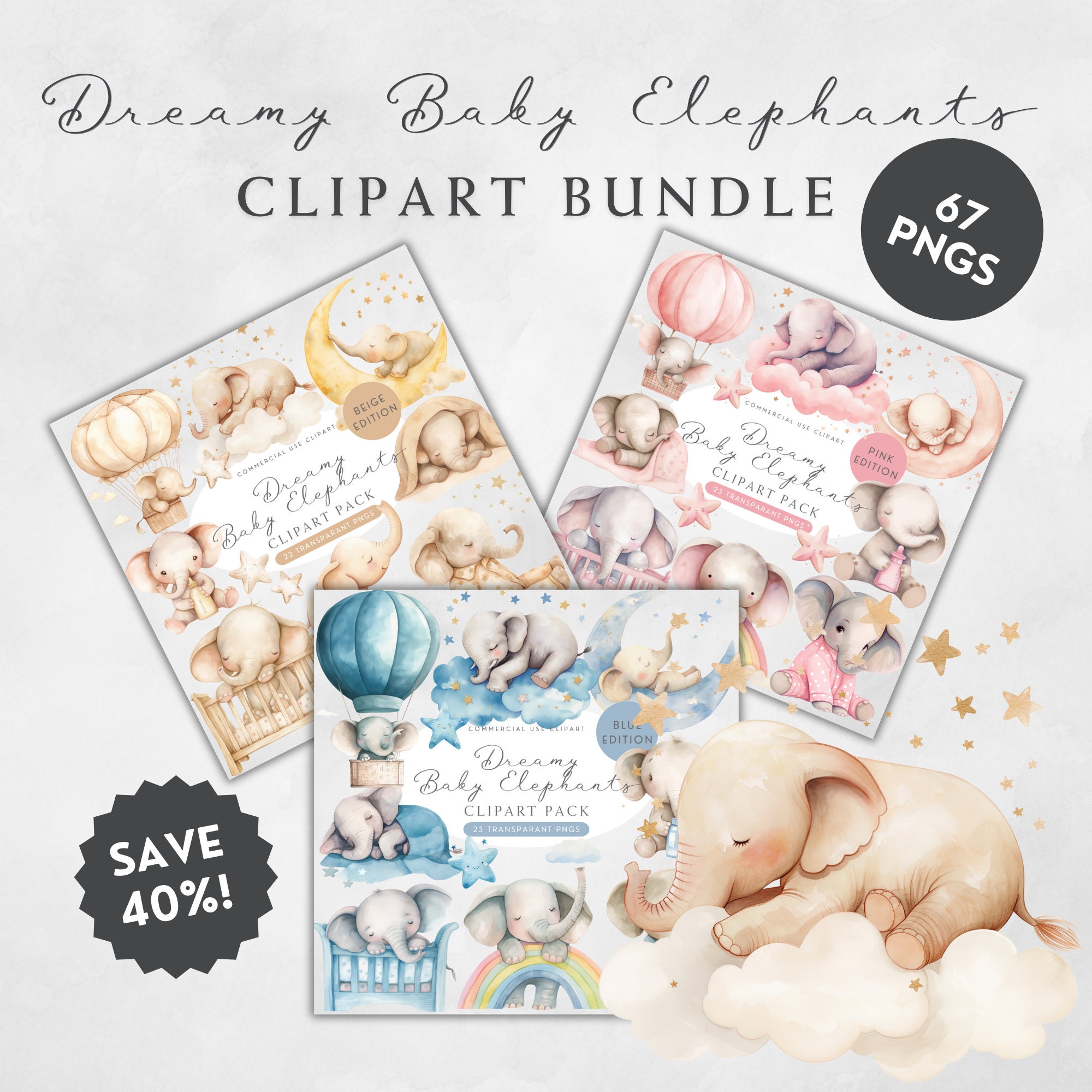Sleeping Baby Elephant Clipart Bundle PNG Watercolor, Cute Baby Boy ...