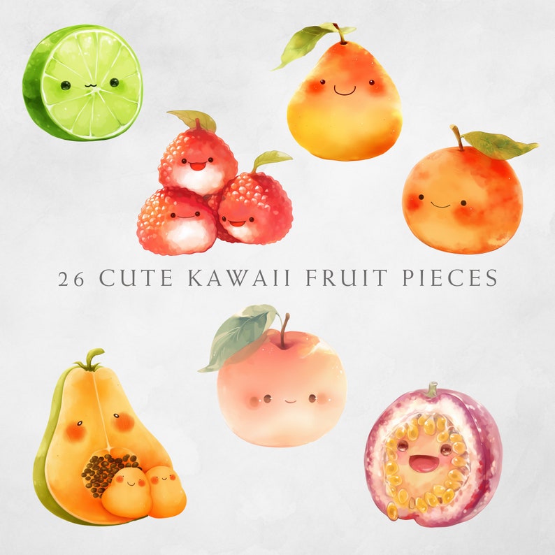 Cute Kawaii Fruits Clipart PNG Watercolor, Kawaii Tropical Fruit Apple ...