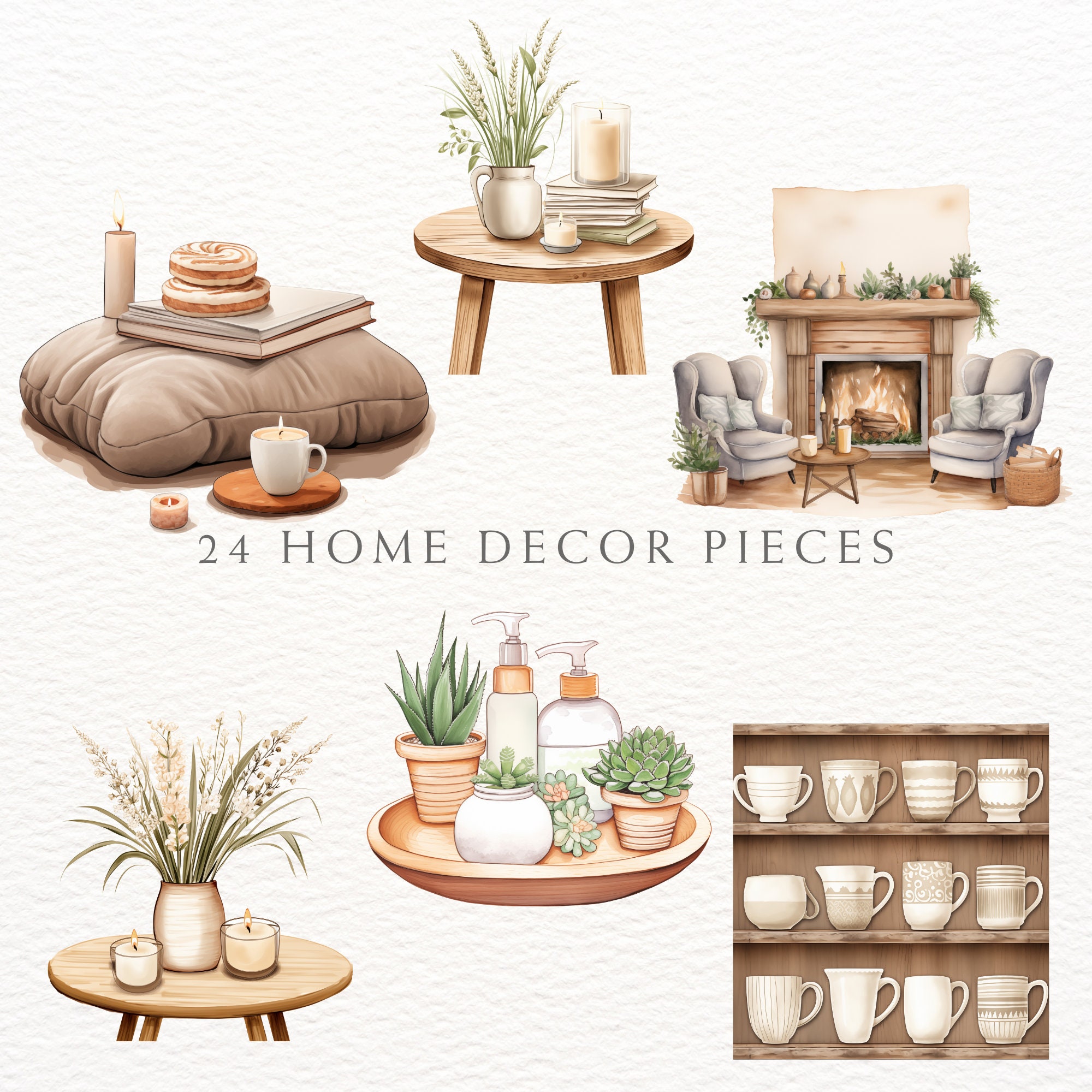 Neutral Home Decor Clipart Watercolor PNG, Beige Interior Cozy Home ...