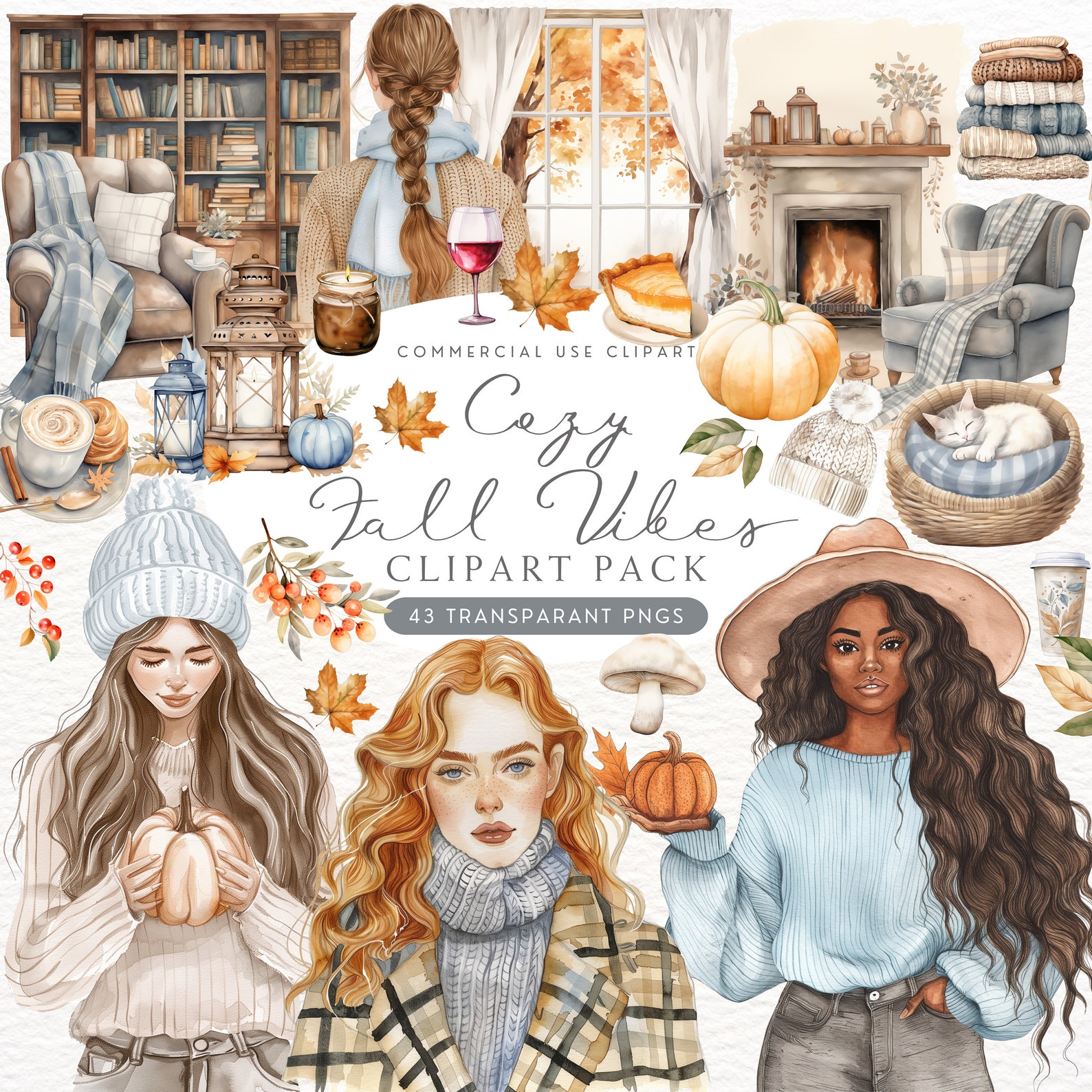 Cozy Autumn Fall Girl Clipart Bundle Watercolor PNG, Cozy Fall Autumn ...