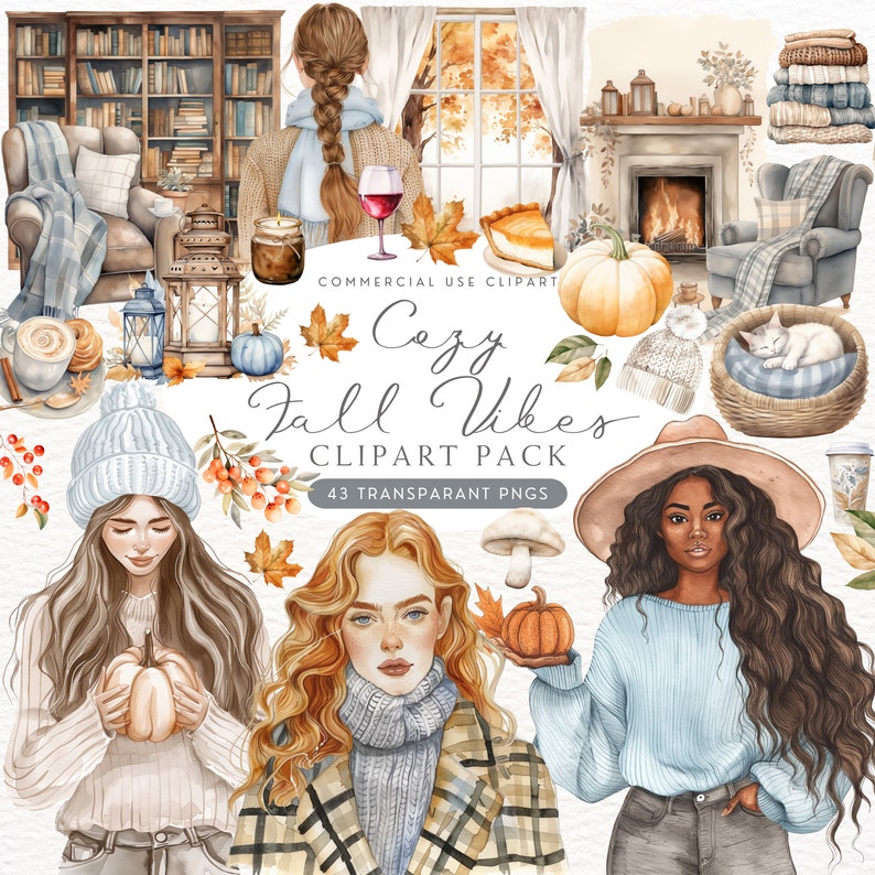 Cozy Autumn Fall Girl Clipart Bundle Watercolor PNG, Cozy Fall Autumn ...