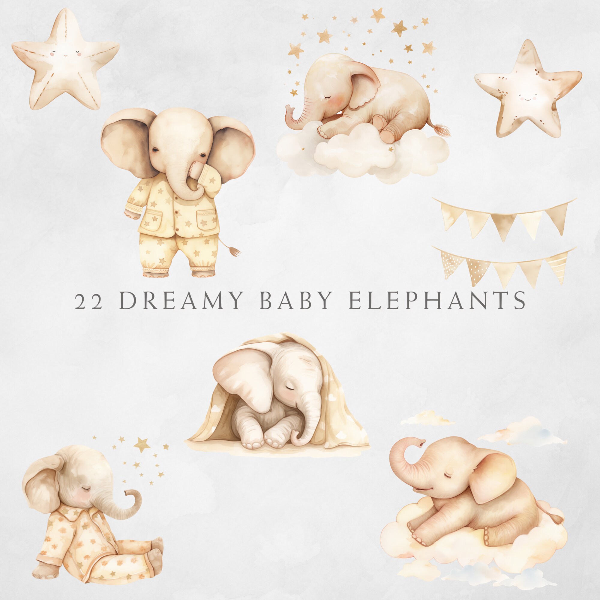 Sleeping Baby Elephant Clipart PNG Watercolor, Cute Beige Boho Baby ...