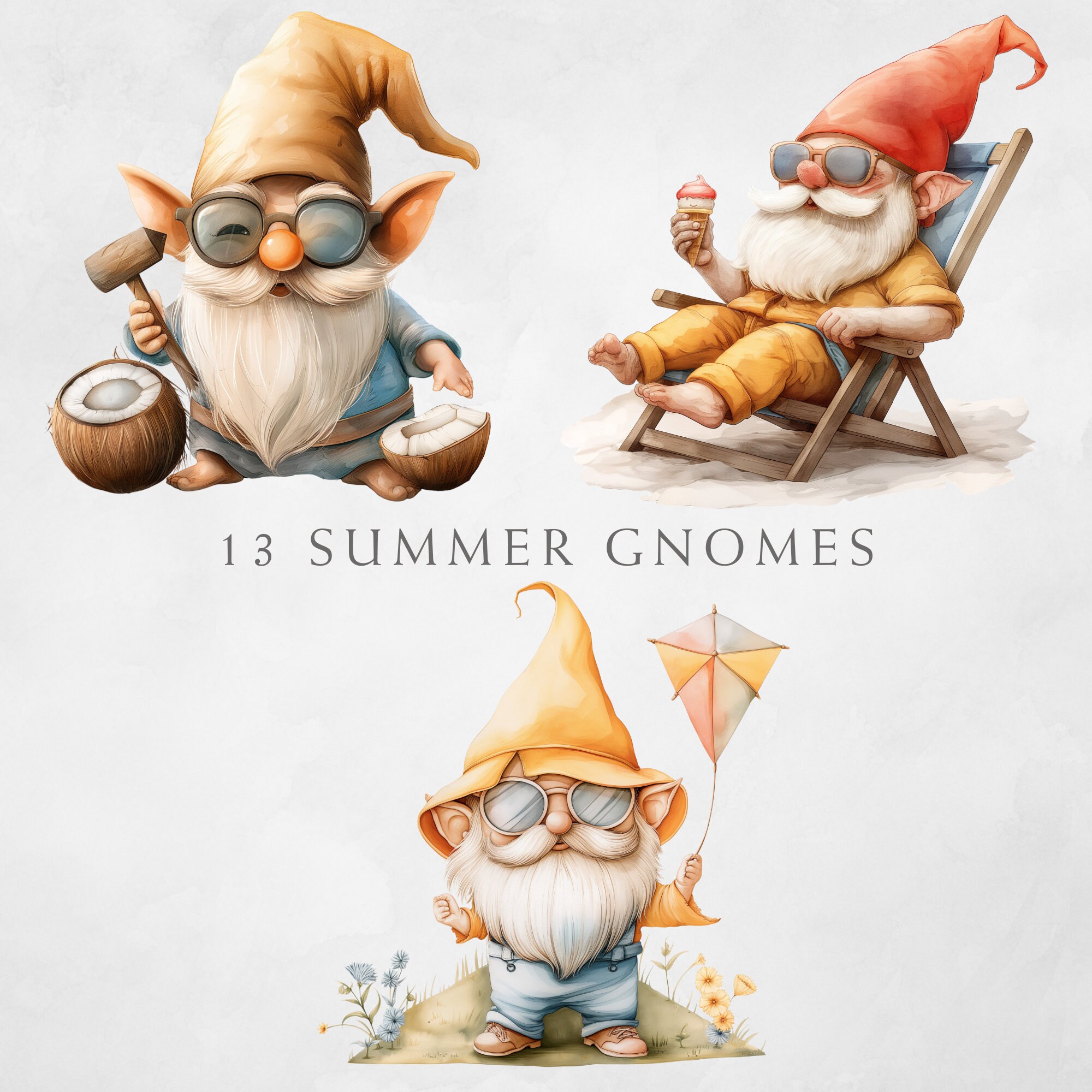 13 Summer Gnome Clipart Watercolor, Cute Summer Beach Gnome Clipart PNG ...
