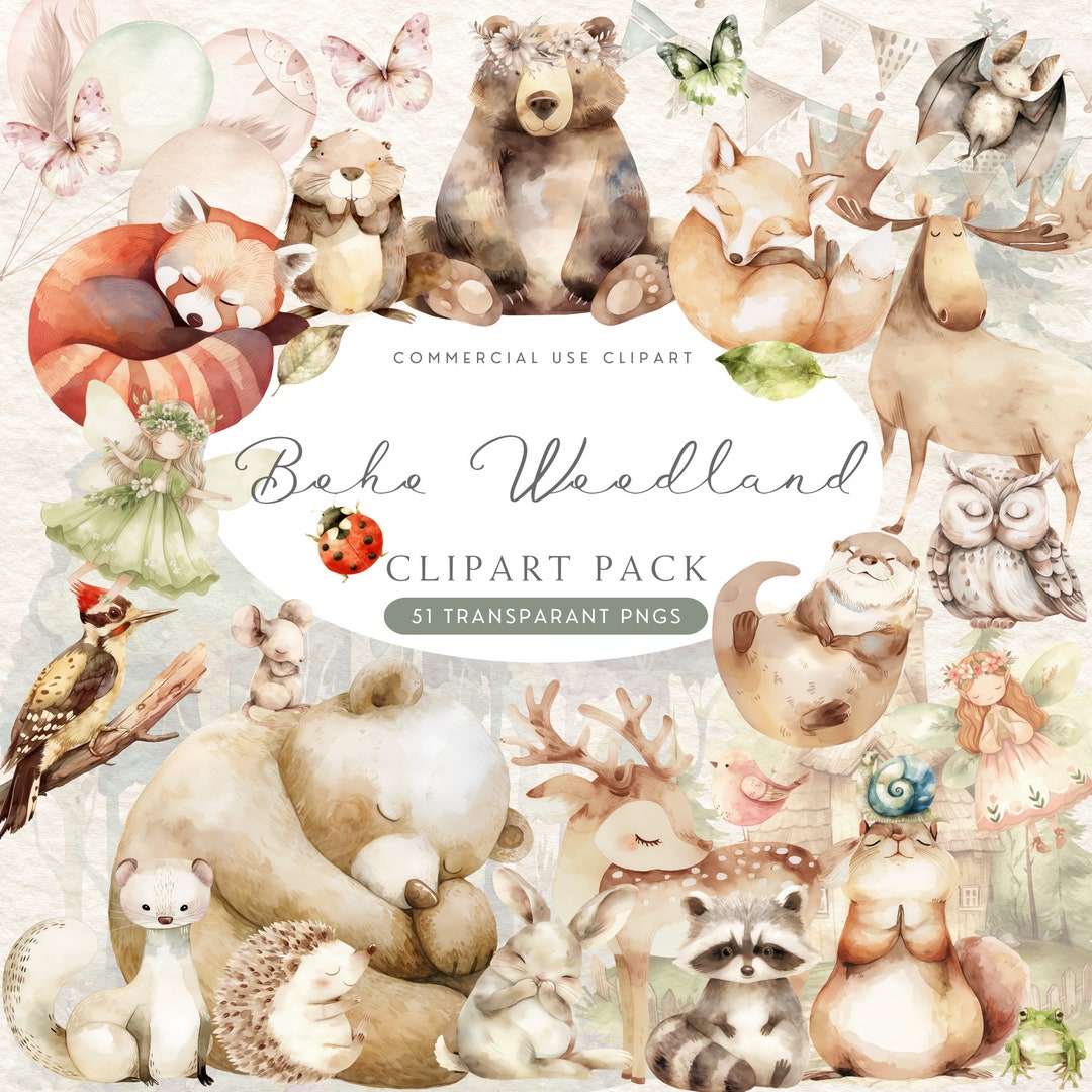 Boho Woodland Animals Clipart PNG Watercolor, Cute Woodland Animal ...