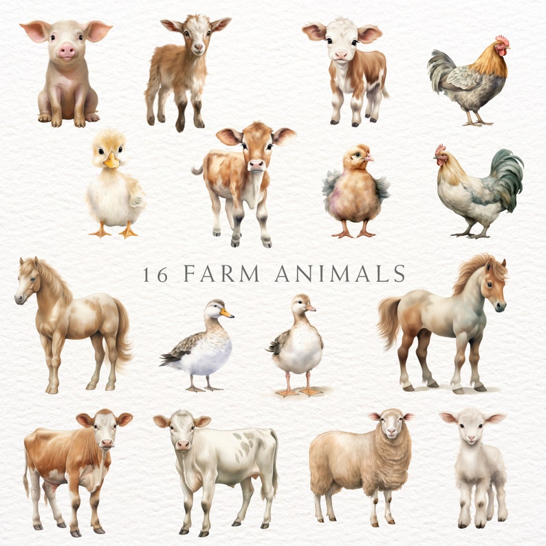 Farmhouse Barn Animals Clipart Watercolor, Baby Farm Animals, Horse Cow ...