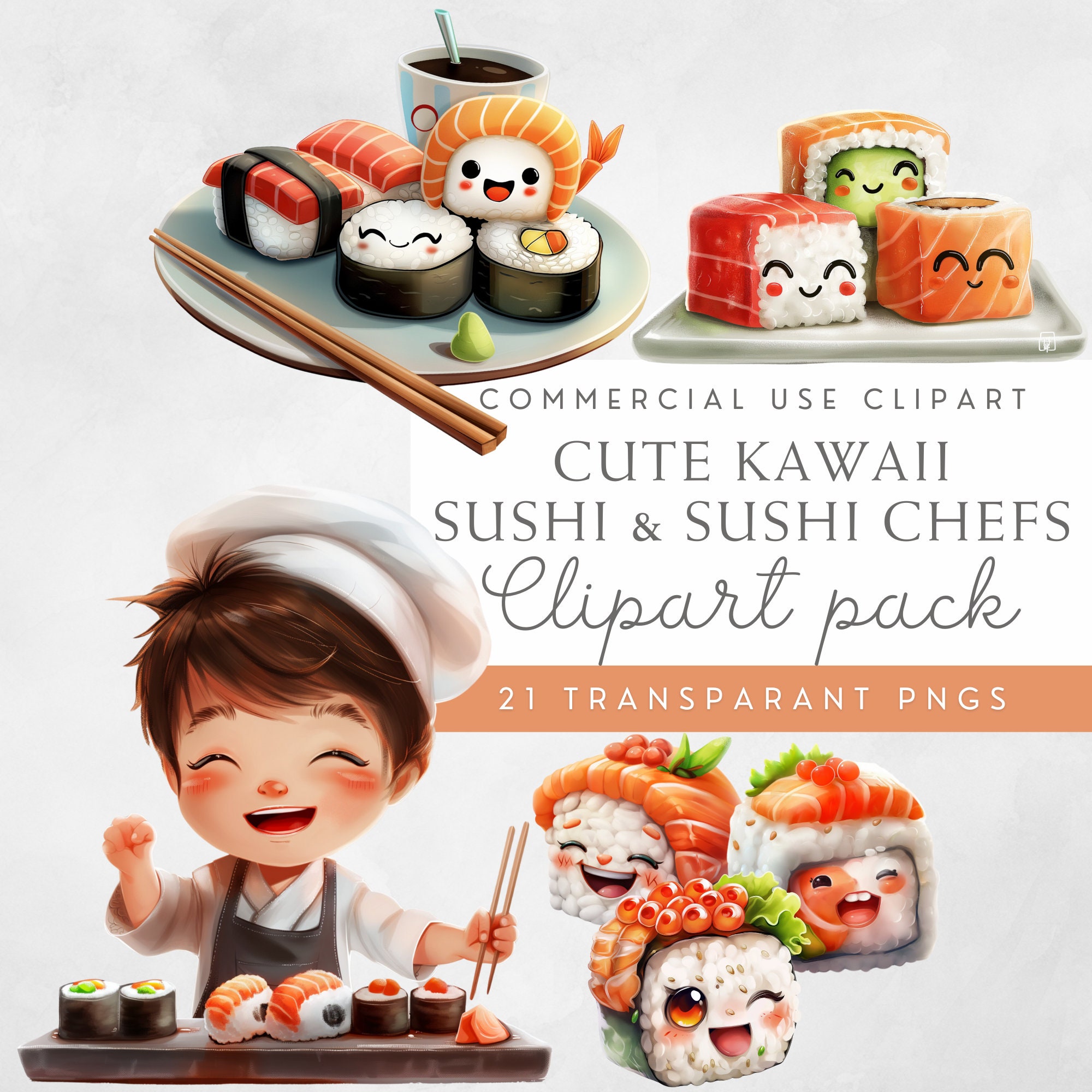 Cute Kawaii Sushi Clipart, Kawaii Sushi Chef, Food Clipart, Watercolor ...