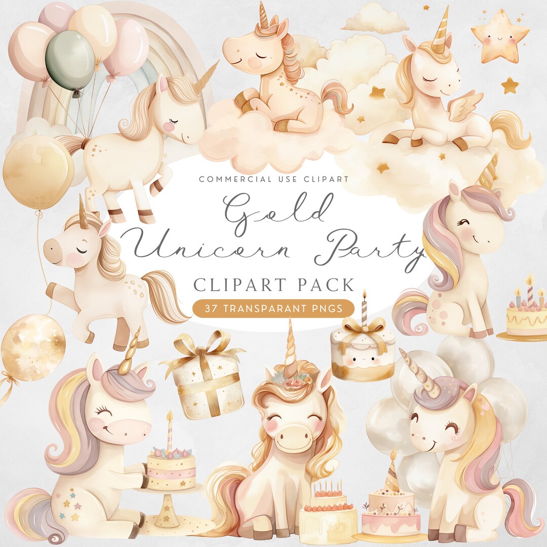 Cute Unicorn Birthday Party Clipart, Watercolor Unicorn Birthday PNG ...