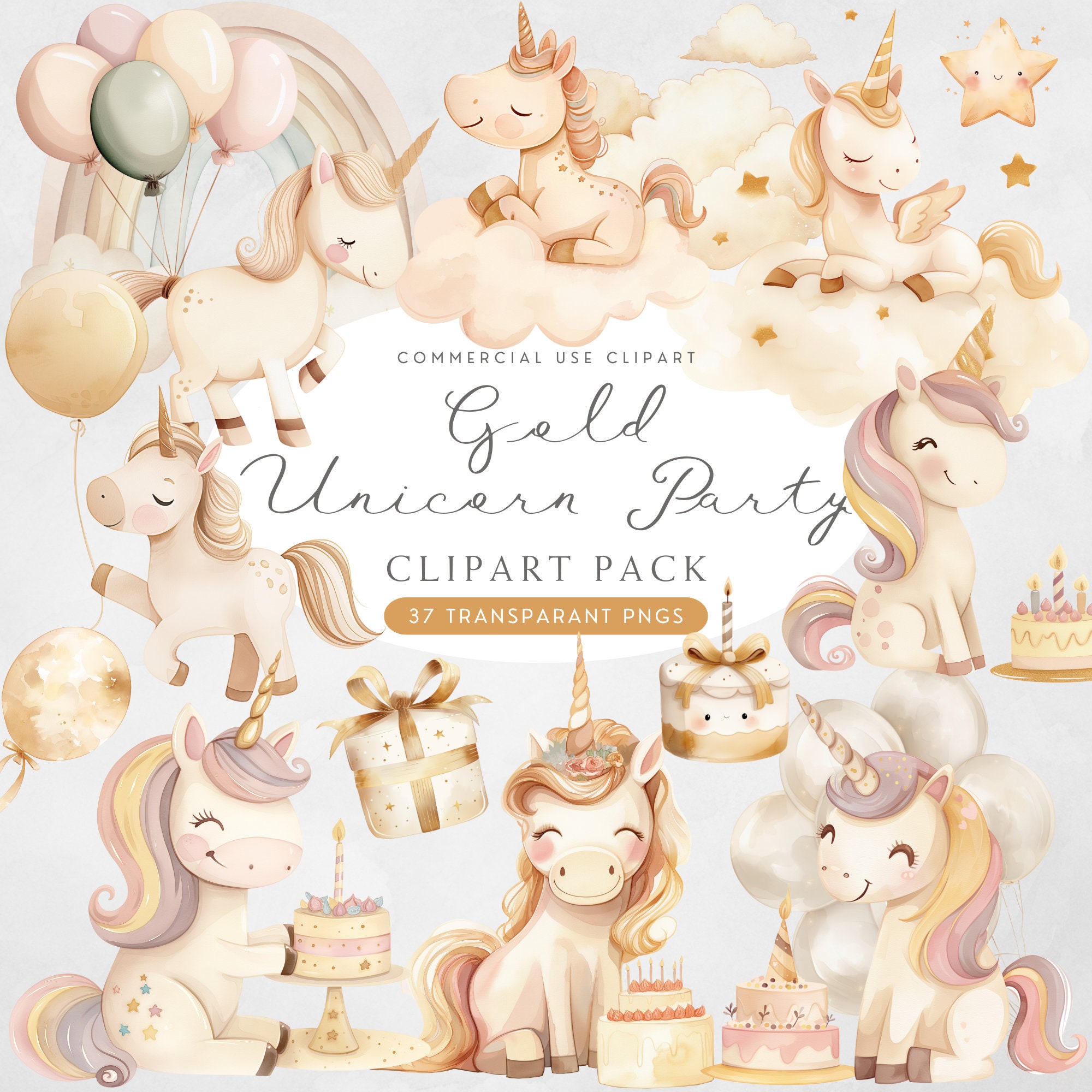 Cute Unicorn Birthday Party Clipart, Watercolor Unicorn Birthday PNG ...