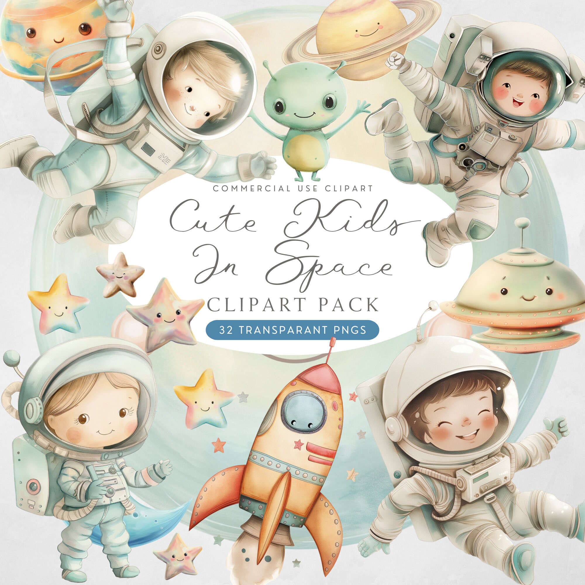 Watercolor Cute Space Astronaut Clipart Bundle, Outer Space Rocket ...