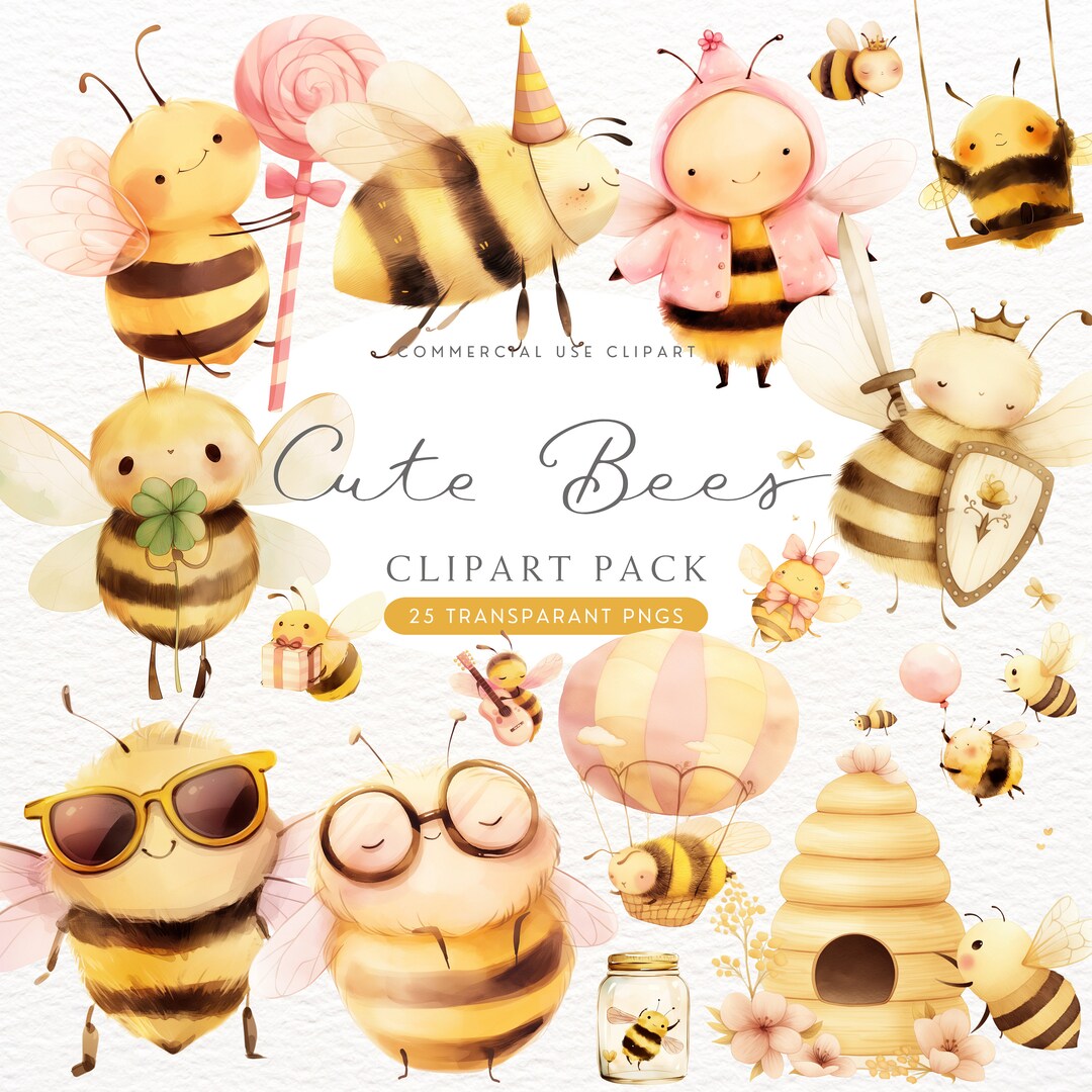 Cute Bee Clipart Watercolor PNG Bundle, Cute Baby Honey Bee Graphics ...