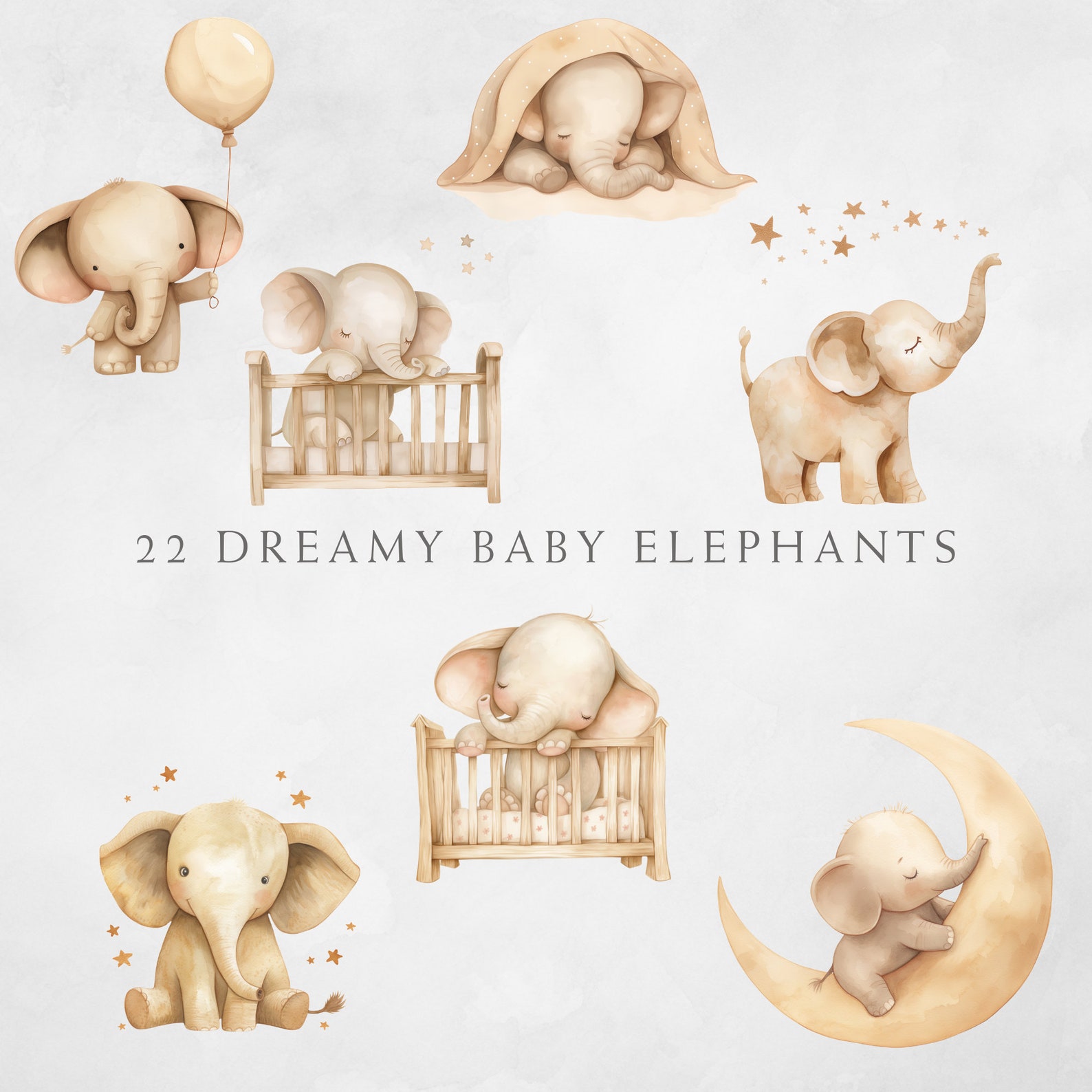 Sleeping Baby Elephant Clipart PNG Watercolor, Cute Beige Boho Baby ...