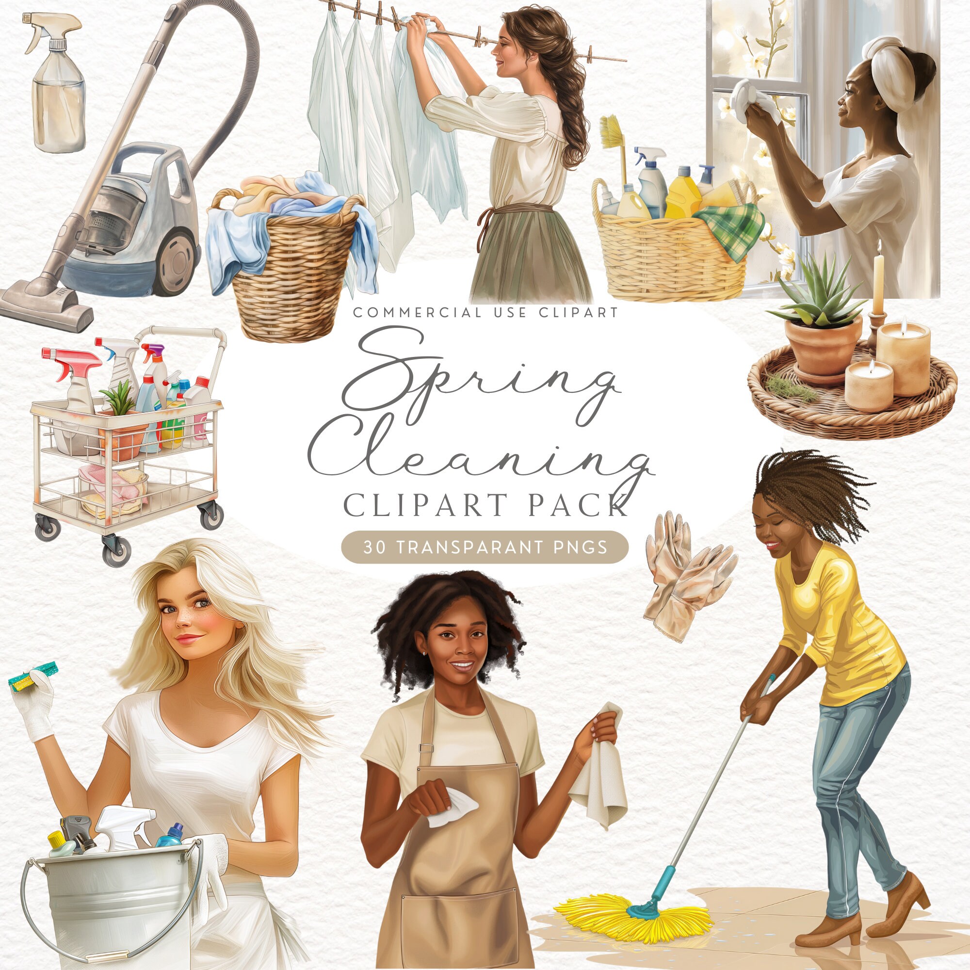 Watercolor Neutral Spring Cleaning Clipart Bundle, Cute Housekeeping ...