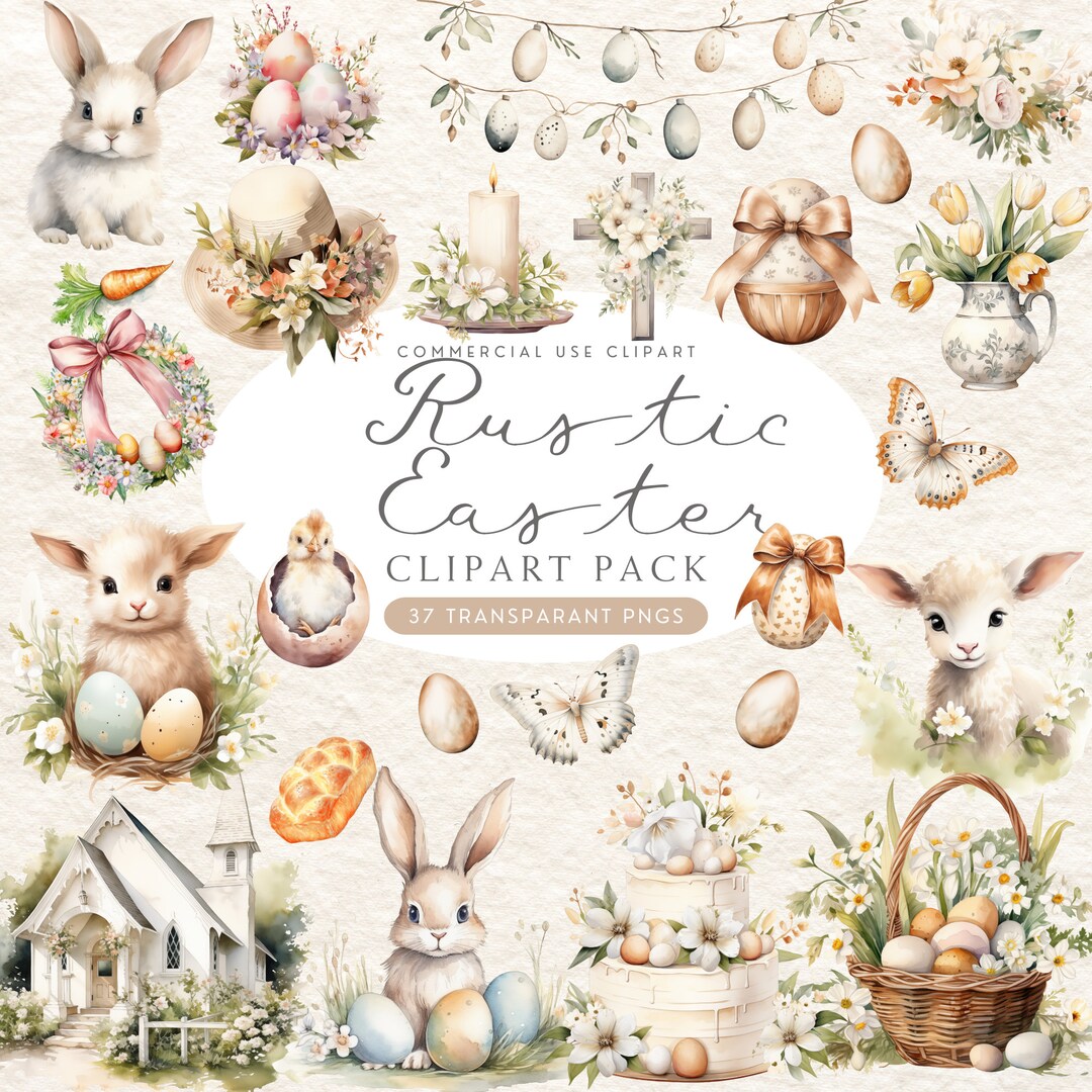 Easter Clipart Bundle PNG Watercolor, Rustic Neutral Easter Bunny Egg ...