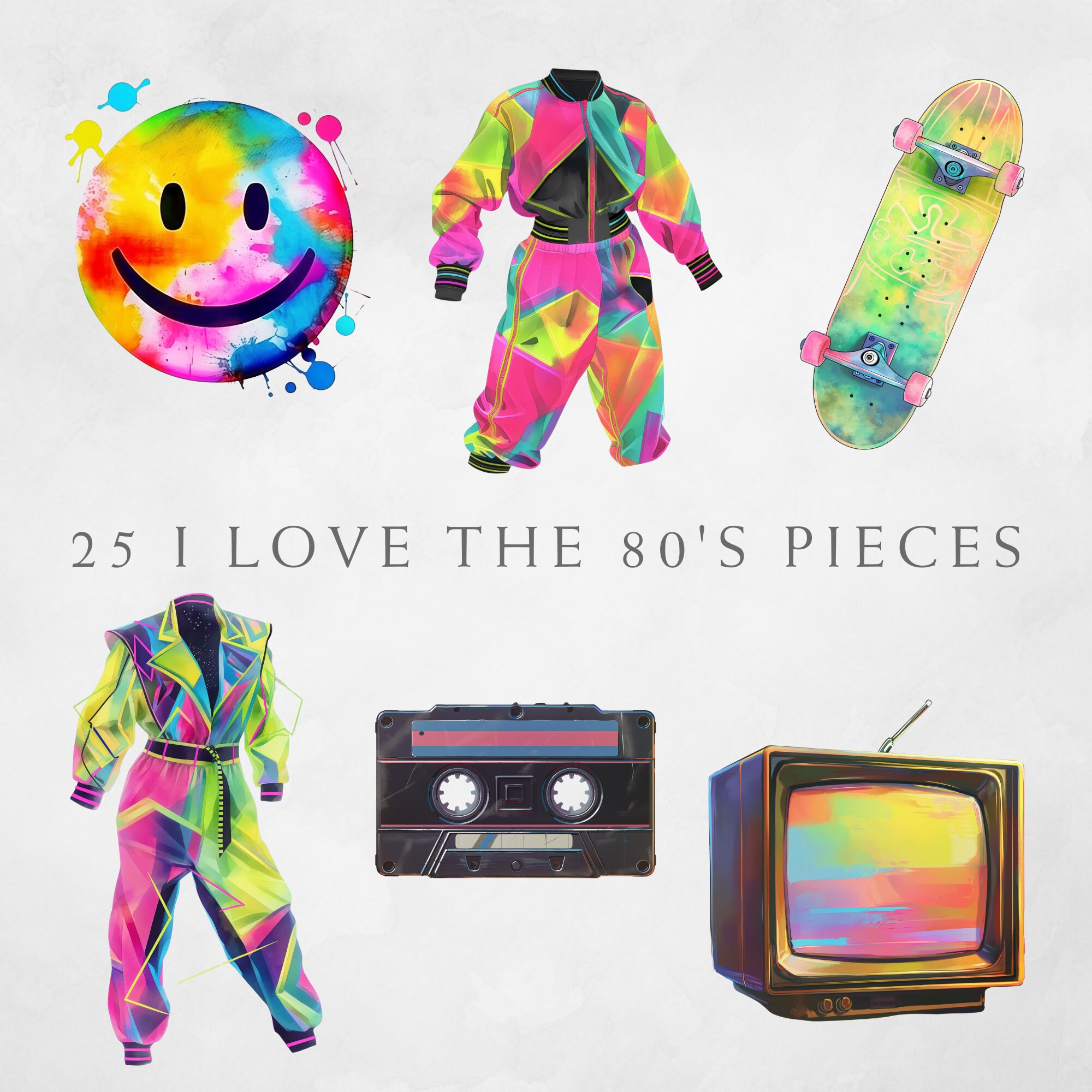 80s Retro Clipart Bundle PNG Watercolor, Vintage 80s Neon 1980s Graphics 80s Design Theme Arcade ...