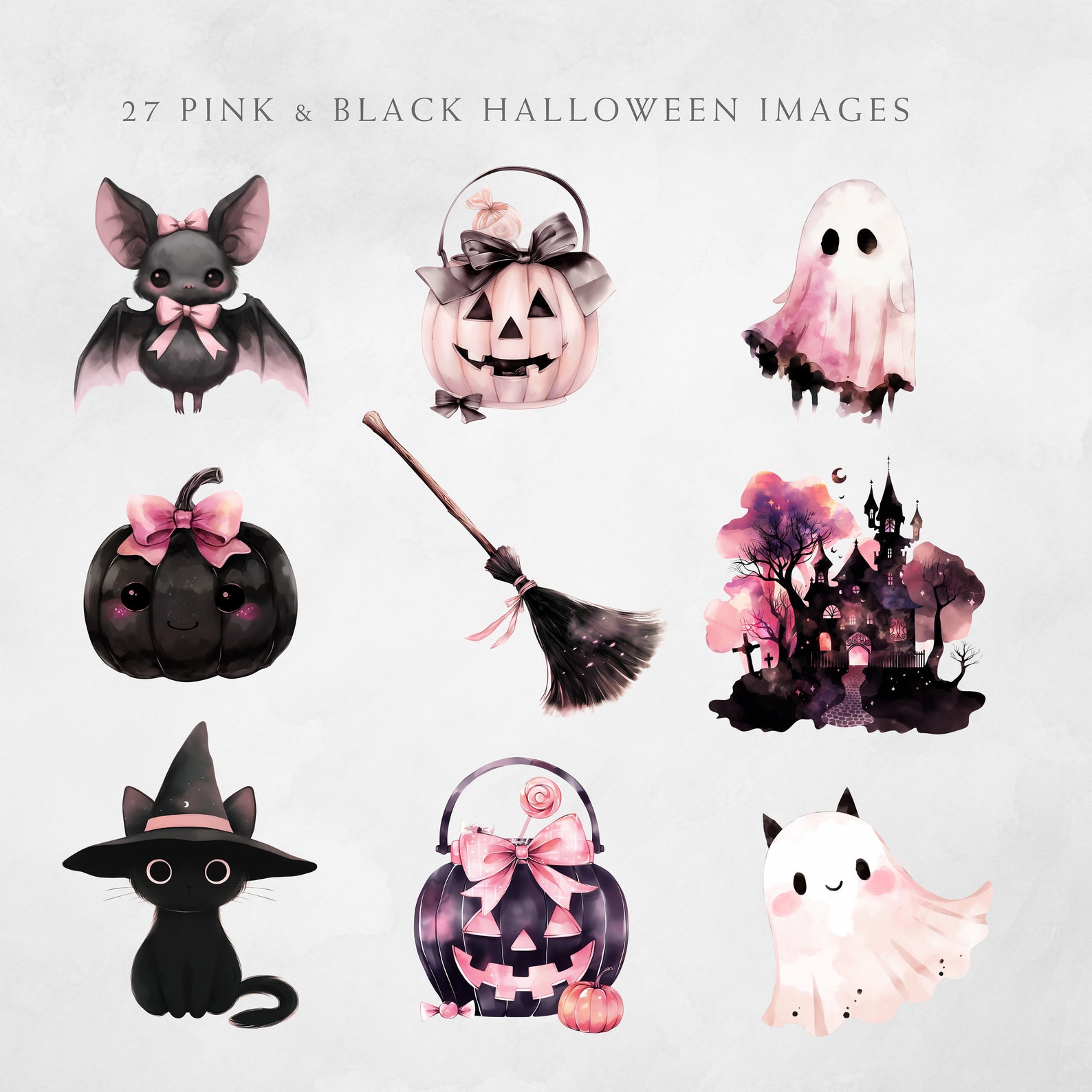 Cute Halloween Clipart Watercolor PNG, Pastel Pink Halloween Watercolor ...