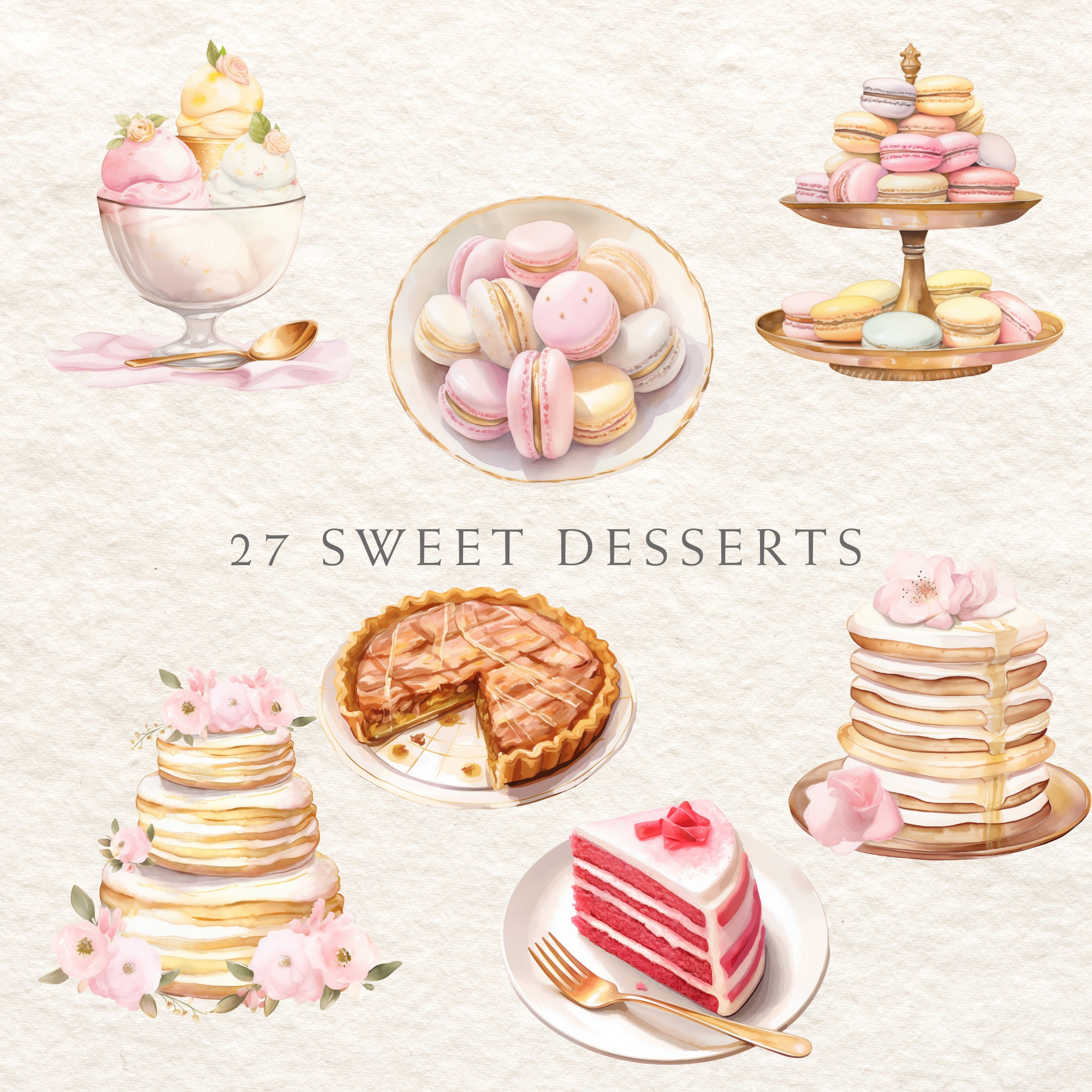Dessert Clipart Watercolor Pie, Ice Cream Smore Cookie Macaron ...