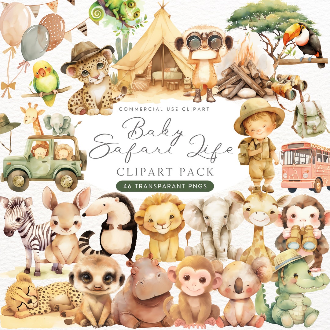 Baby Safari Animals Clipart PNG Watercolor, Cute African Jungle Animals ...