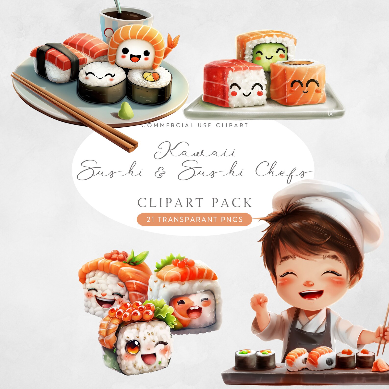 Cute Sushi Clipart Kawaii PNG Watercolor, Japanese Sushi Chef Food ...