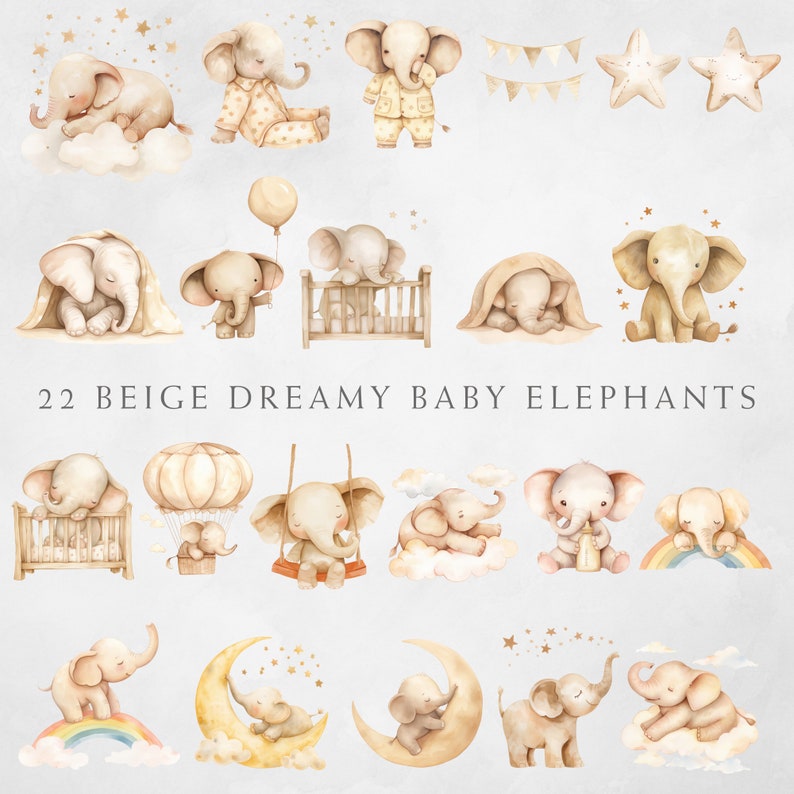 Sleeping Baby Elephant Clipart Bundle PNG Watercolor, Cute Baby Boy ...