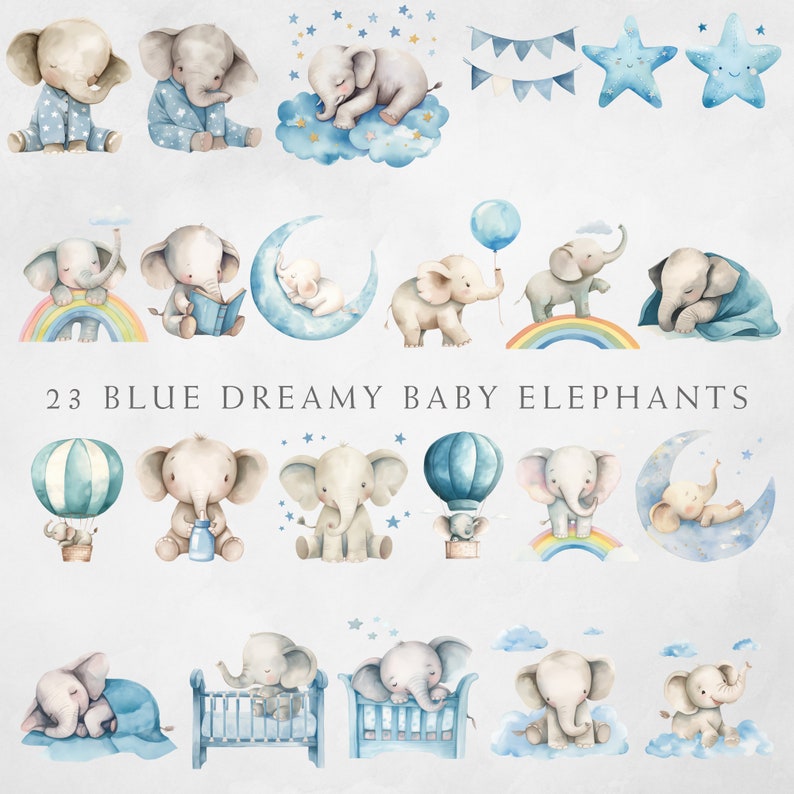 Sleeping Baby Elephant Clipart Bundle PNG Watercolor, Cute Baby Boy ...