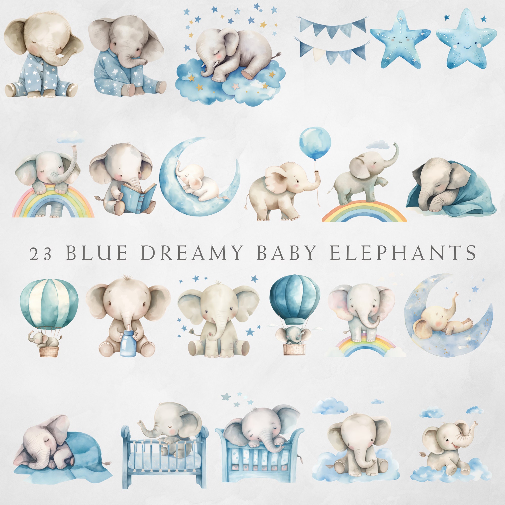 Sleeping Baby Elephant Clipart Bundle PNG Watercolor, Cute Baby Boy ...