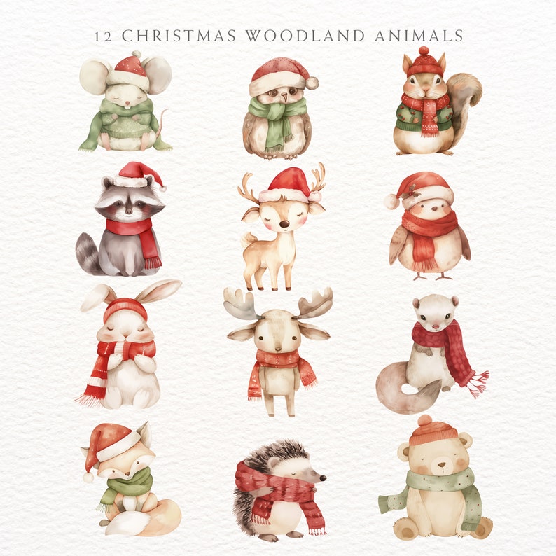 Woodland Christmas Clipart, Cute Watercolor Woodland Christmas Winter ...