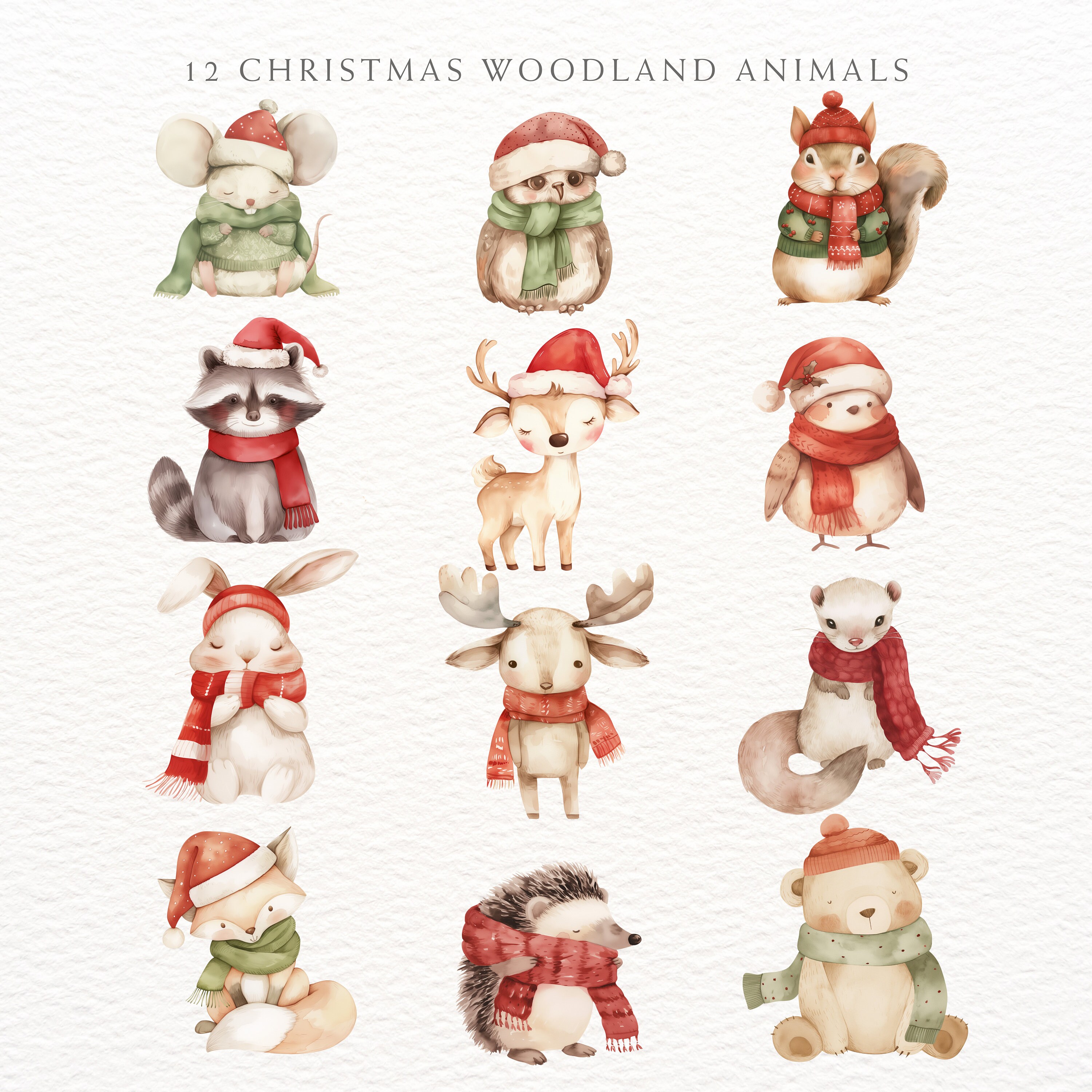 Woodland Christmas Clipart, Cute Watercolor Woodland Christmas Winter ...