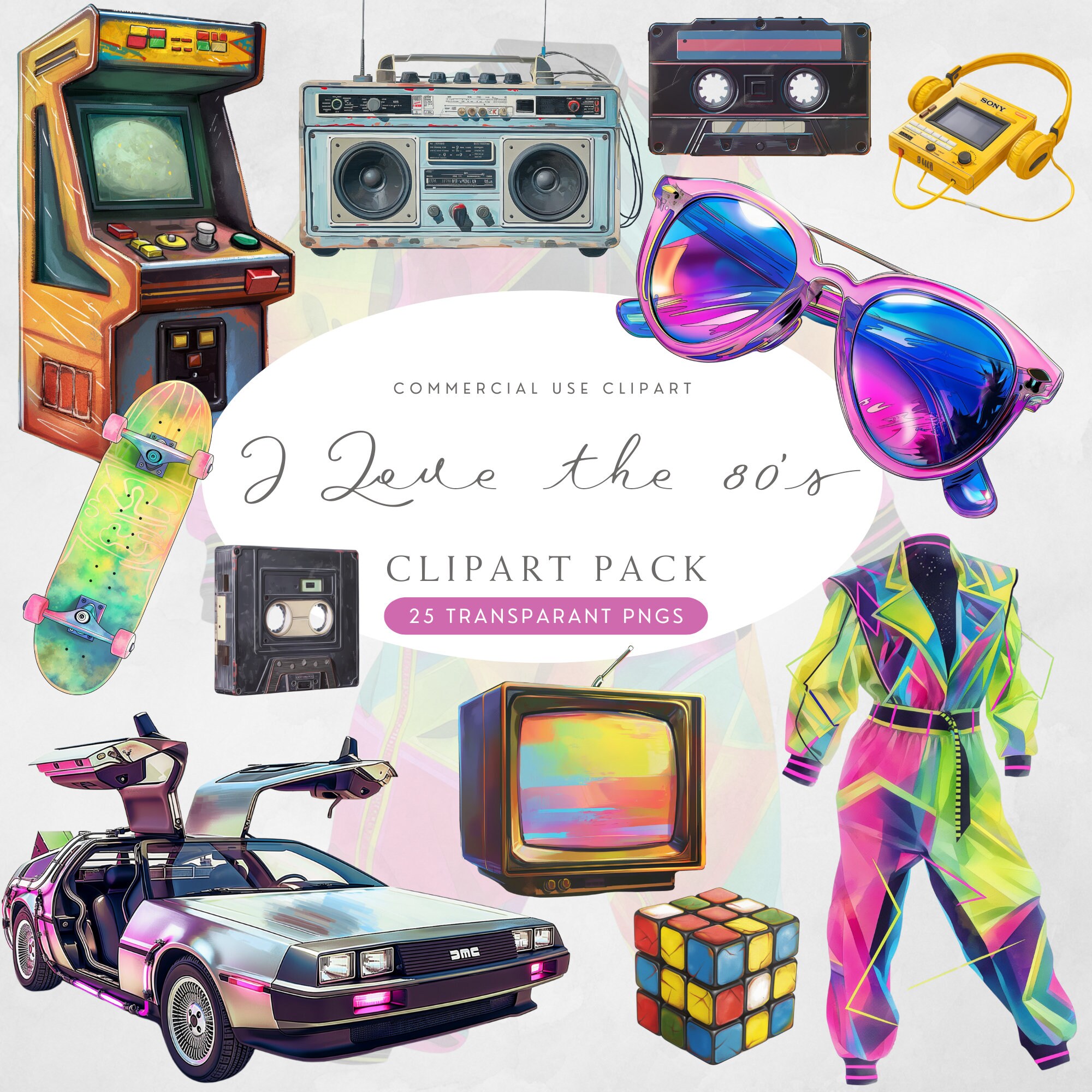80s Retro Clipart Bundle PNG Watercolor, Vintage 80s Neon 1980s Graphics 80s Design Theme Arcade ...