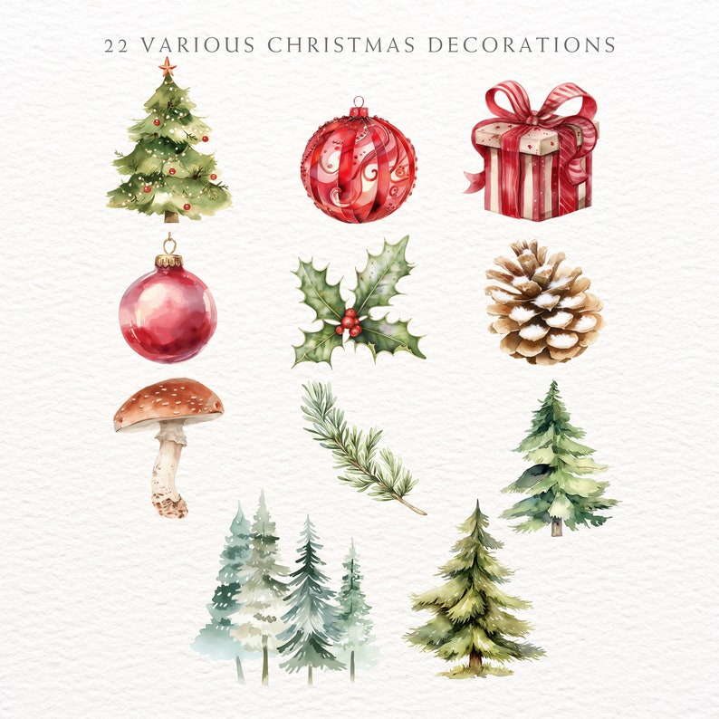 Woodland Christmas Clipart, Cute Watercolor Woodland Christmas Winter ...