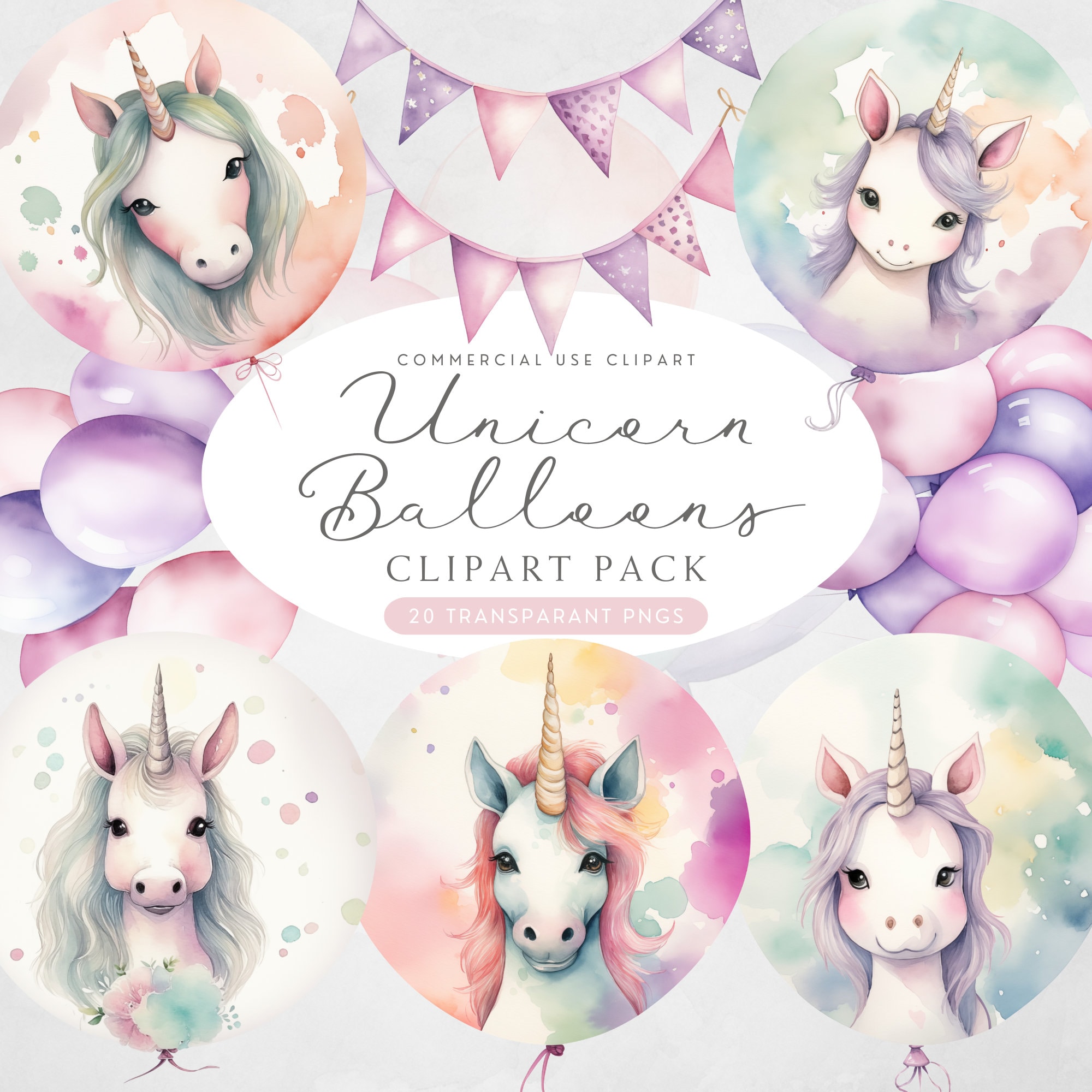 Unicorn Balloons Watercolor Clipart PNG, Cute Pastel Unicorn Birthday ...