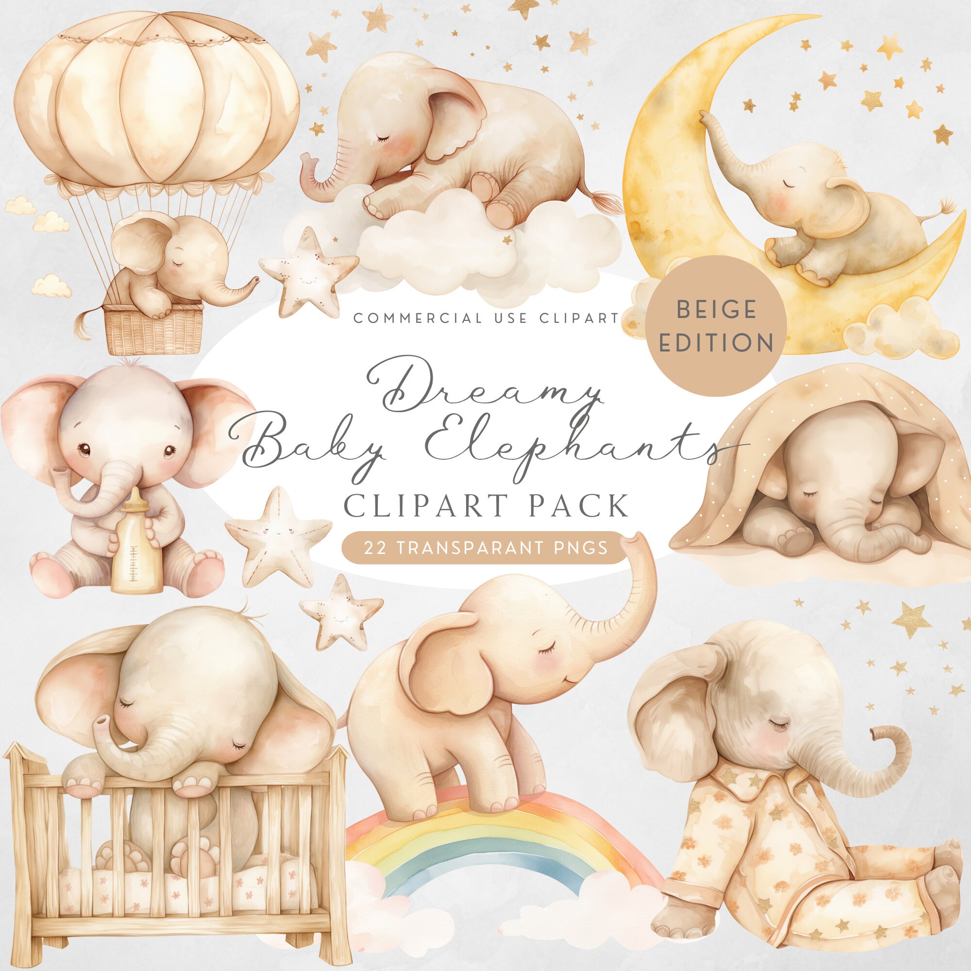 Sleeping Baby Elephant Clipart Bundle PNG Watercolor, Cute Baby Boy ...