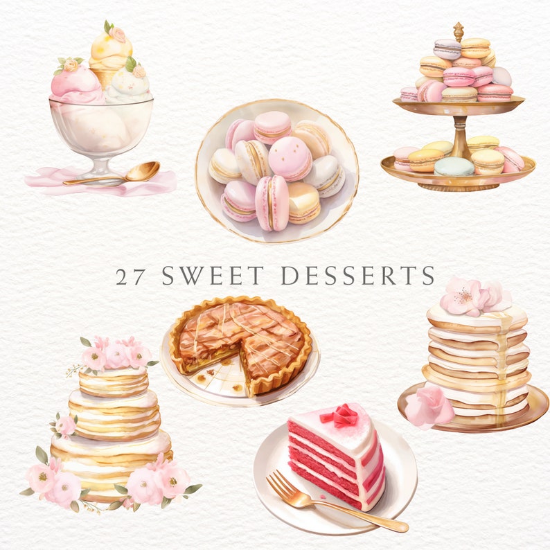 Dessert Clipart Watercolor Pie, Ice Cream Smore Cookie Macaron ...