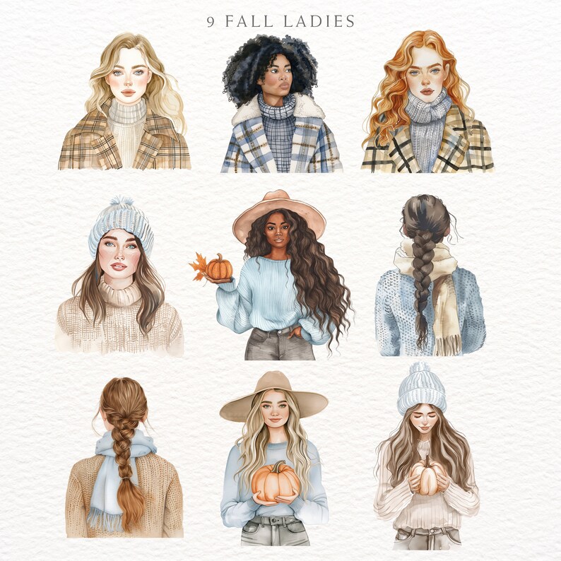 Cozy Autumn Fall Girl Clipart Bundle Watercolor PNG, Cozy Fall Autumn ...