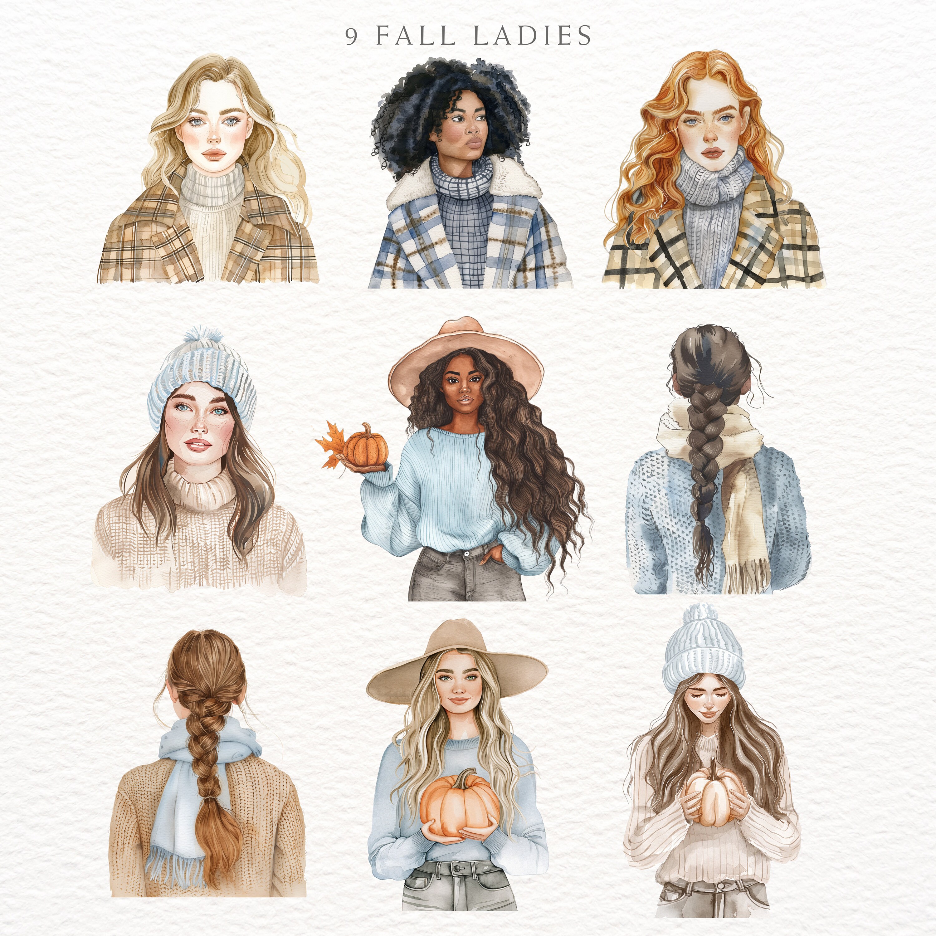 Cozy Autumn Fall Girl Clipart Bundle Watercolor PNG, Cozy Fall Autumn ...