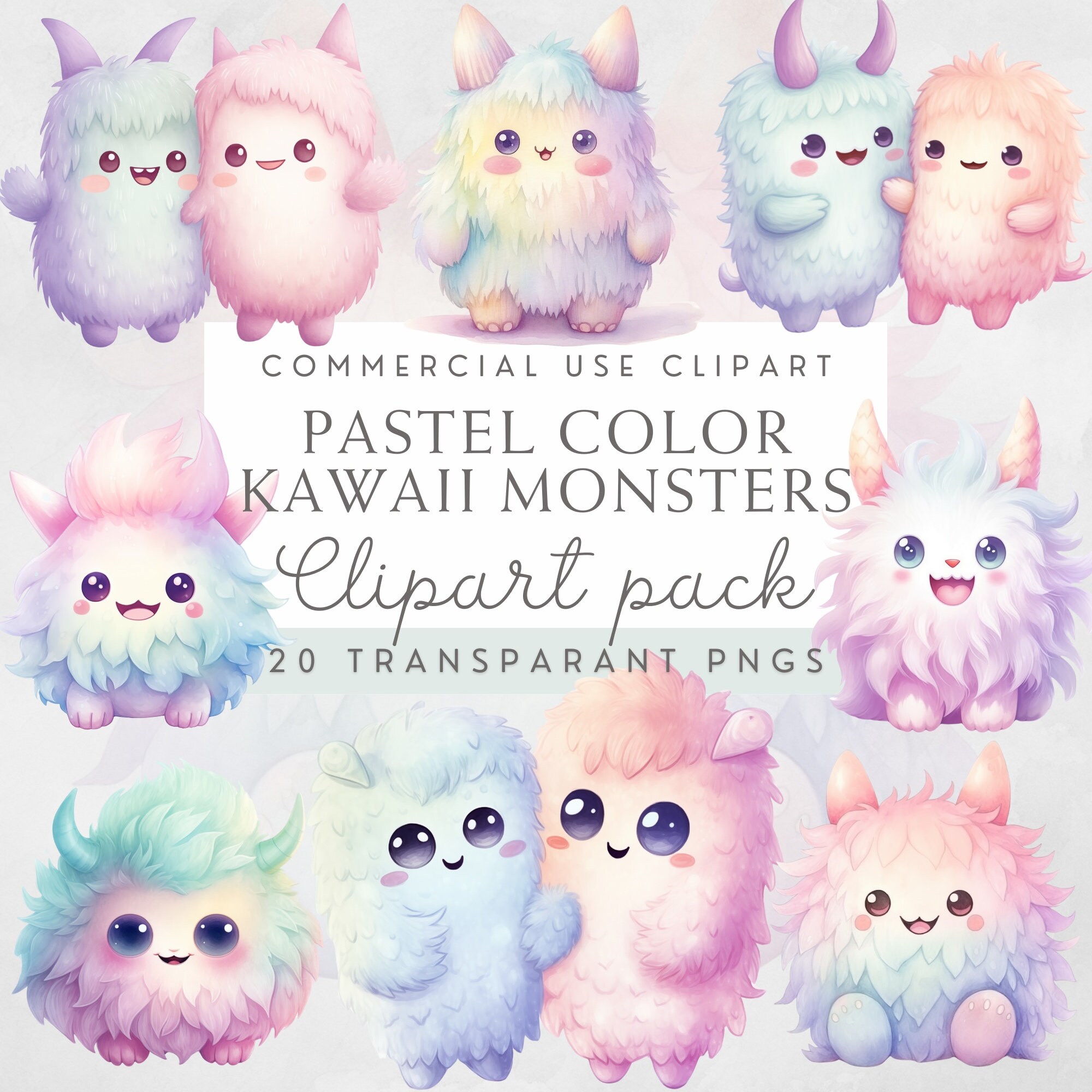 Watercolor Cute Pastel Monsters Kawaii Clipart, Cute Kawaii Clipart ...
