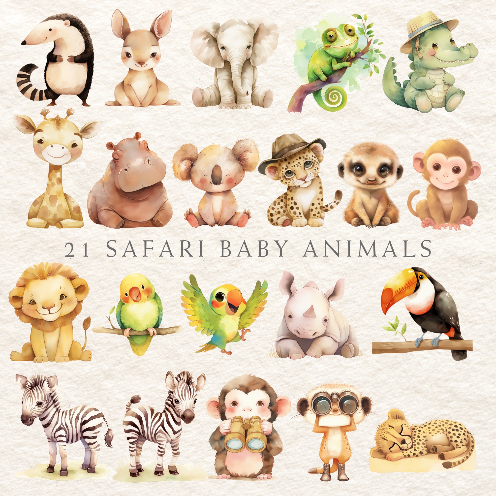 Baby Safari Animals Clipart PNG Watercolor, Cute African Jungle Animals ...