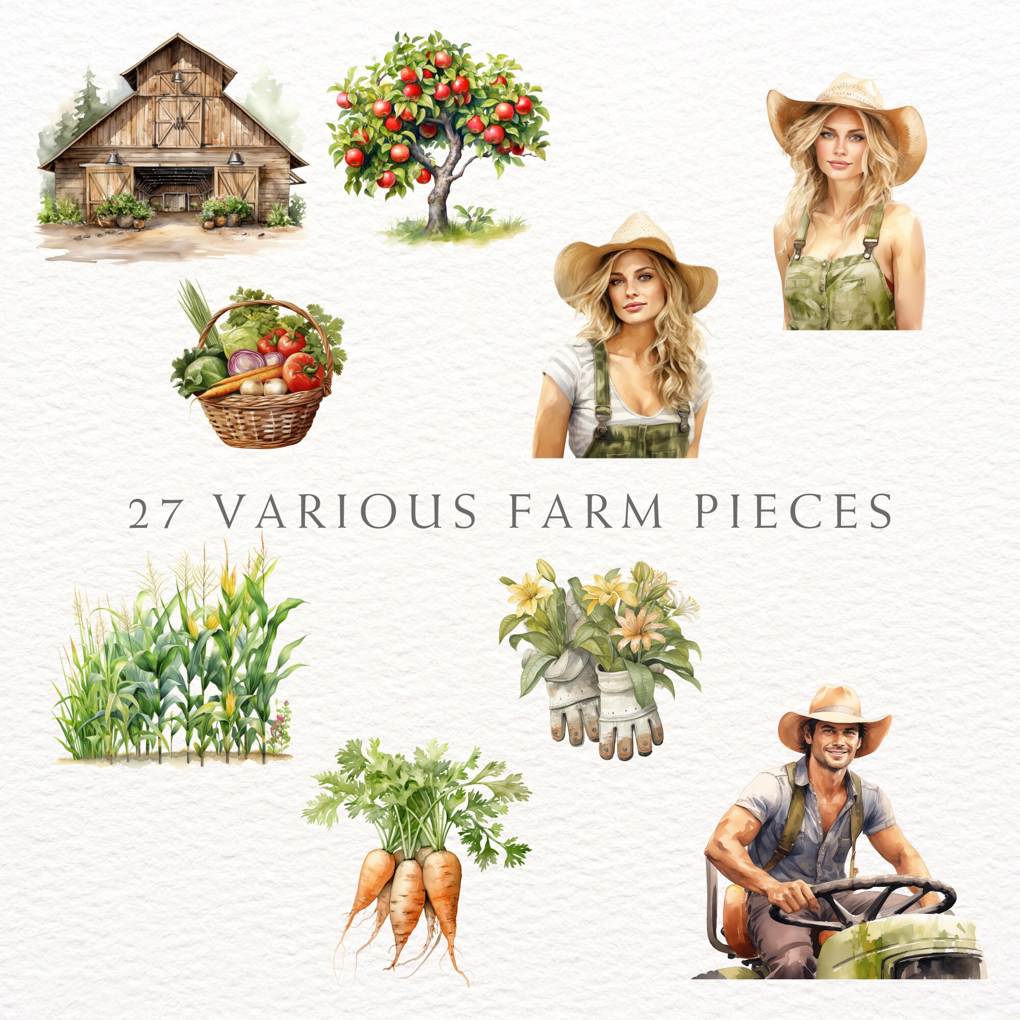 Farmhouse Barn Animals Clipart Watercolor, Baby Farm Animals, Horse Cow ...