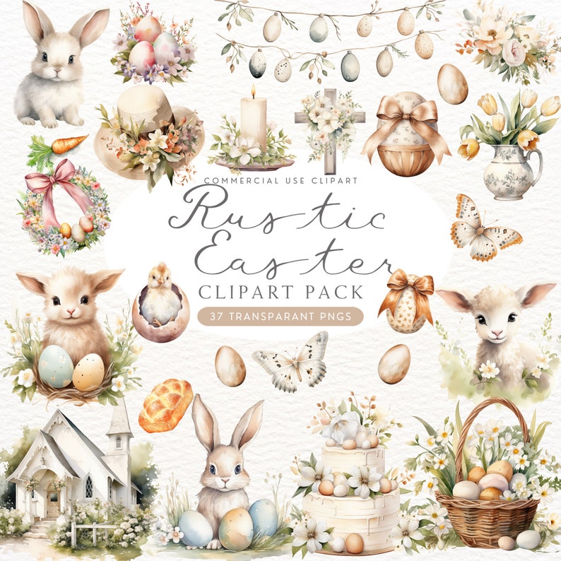 Easter Clipart Bundle PNG Watercolor, Rustic Neutral Easter Bunny Egg ...